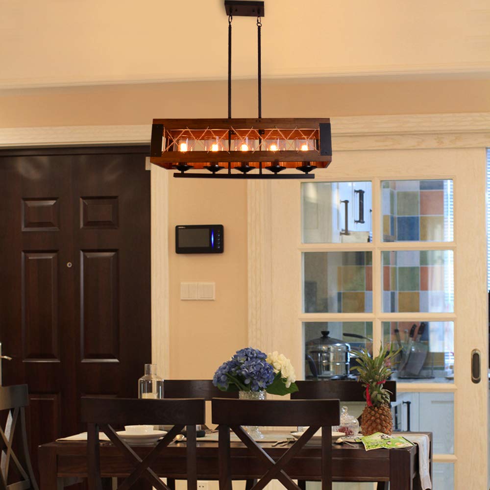 LEDMO 40" 5-Light Kitchen Island Lighting, Rustic Island Pendant Light Fixture, Wood E26 60W UL Listed(LED Bulbs Include)