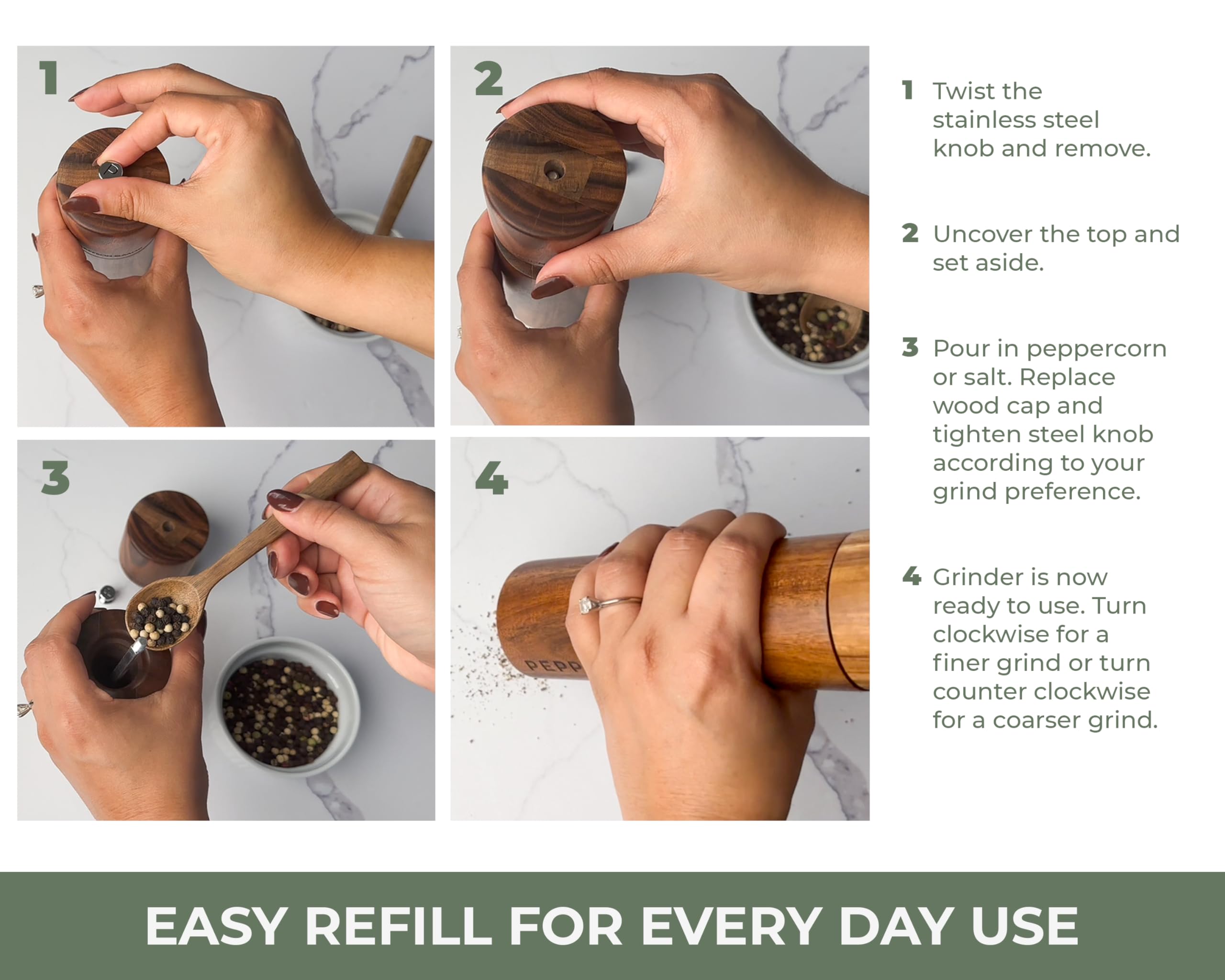 Saffron & Sage Premium Acacia Wood Salt and Pepper Grinder Set of 2-8β Tall Salt and Peppercorn Mill with Adjustable Coarse Settings, Rust Resistant, Smooth and Quality Grinding Mechanism