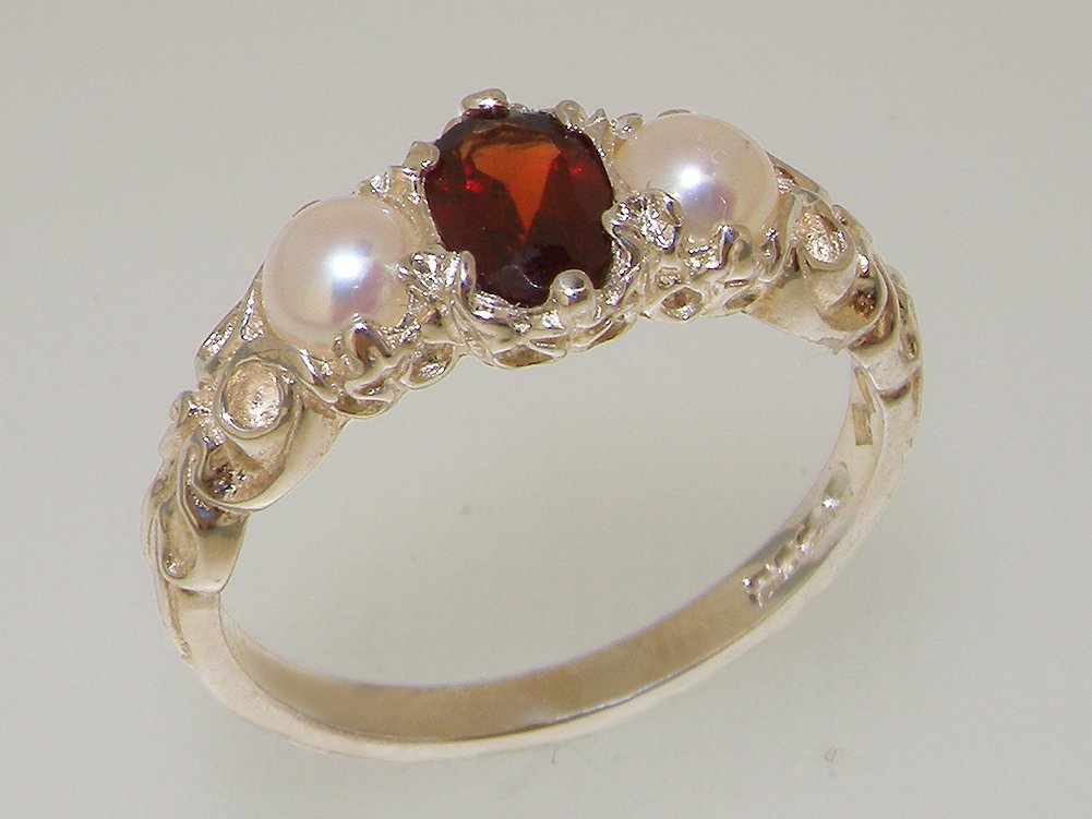 LetsBuyGold 925 Sterling Silver Real Genuine Garnet & Cultured Pearl Womens Band Ring - Size 12