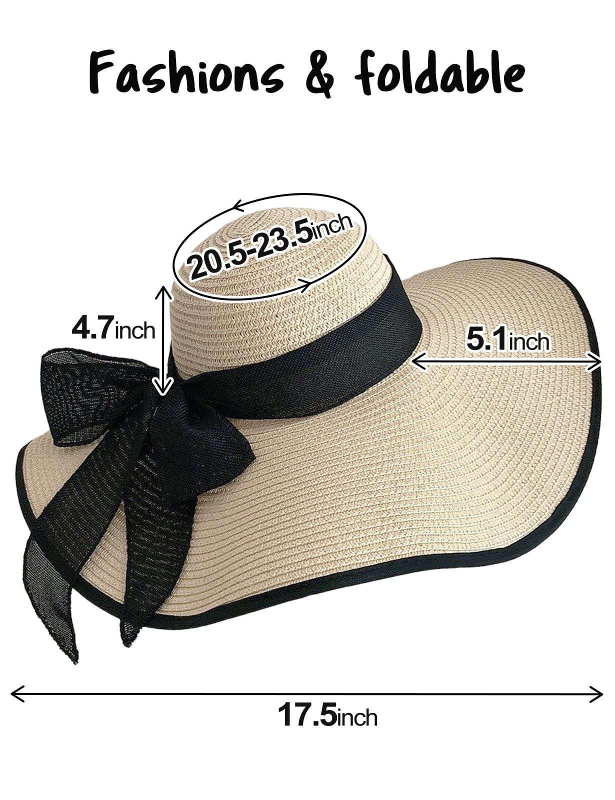 Karcusiny Sun Hat Womens Foldable Straw Hats Wide Brim Beach Hat Packable Sun Hat Women Summer Roll Up Sun Hats for Women (Black Edge-Beige)