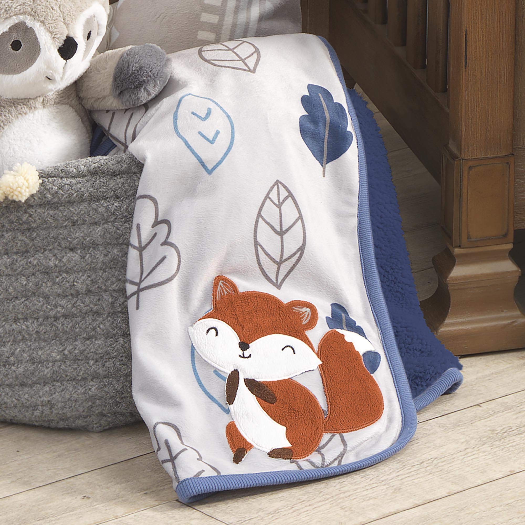 Lambs & Ivy Little Campers Blue/Gray Fox with Leaves Sherpa Baby Blanket