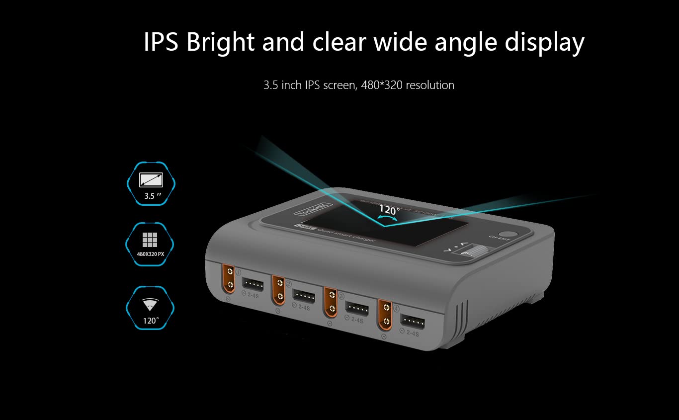 ToolkitRC Q4AC XT60 Adapters IPS Bright with Clear Wide Angle Display 4x50w 5A AC 100W 4 Port DC Smart Discharger US Plug
