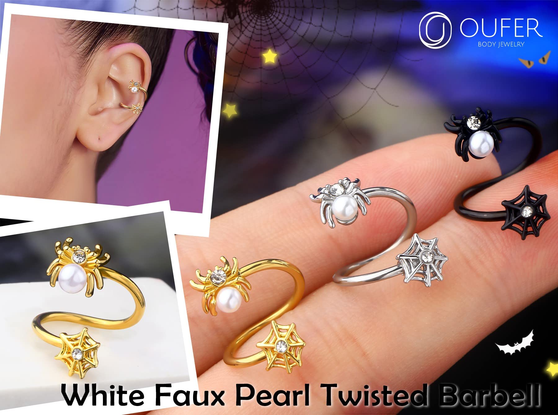 OUFER Twist Helix Earrings, 316L Stainless Steel Spider & Cobweb Elements Helix Piercing Jewelry, 16G Twist Lip Labret type Upper Lobe Earrings-Gold