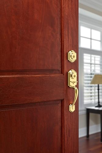 Kwikset Montara Front Door Lock Handle and Deadbolt Set, Entry Handleset Exterior with Interior Door Knob, Polished Brass, Pick Resistant SmartKey Rekey Deadbolt Security