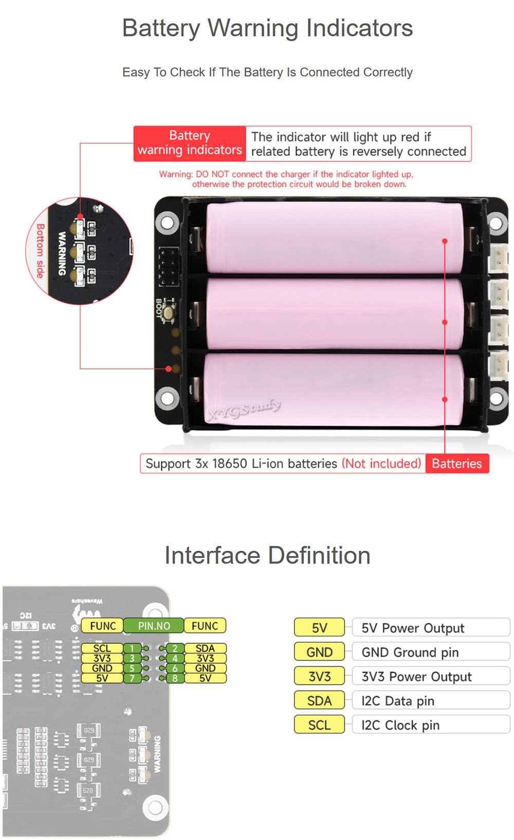 XYGStudy Uninterruptible Power Supply Module for Raspberry Pi Board, Supports Charging and Power Output at The Same, Time 3S & 5V 5A Output (UPS Module 3S)