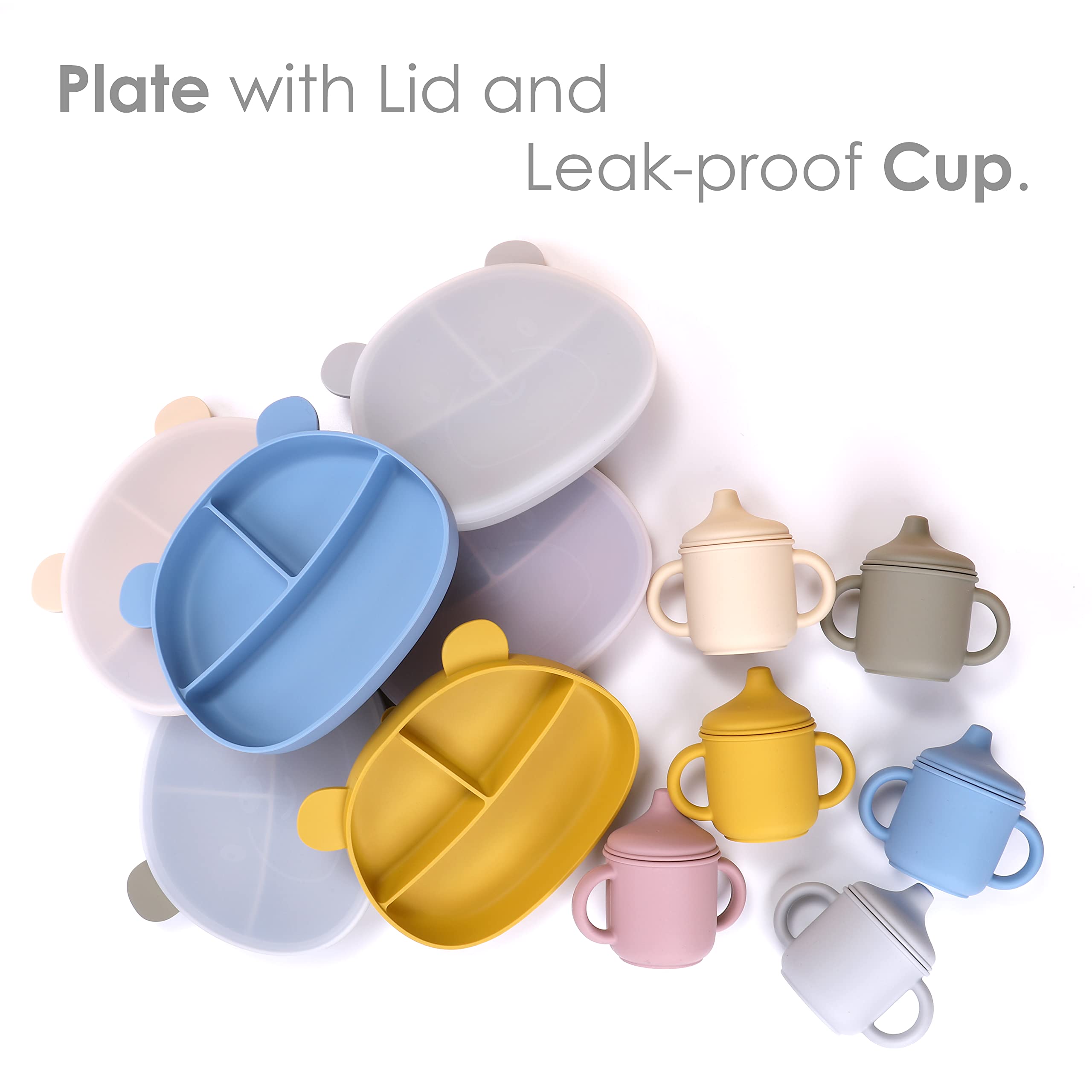 Silicone Baby Feeding Set, 6 Colors, Spill-proof Cup and Suction Plate with Lid, Divided Plate, Sippy Cup with handles for Baby & Toddlers. Leak-proof. (Gray)