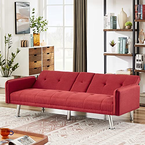 Lamerge Futon Sofa Bed,Convertible Upholstered Folding Sofa,Multi-Functional Sofa Couch for Compact Small Space,Apartment,Dorm,2 Cup Holders,72.4",Red (LFSB-R)