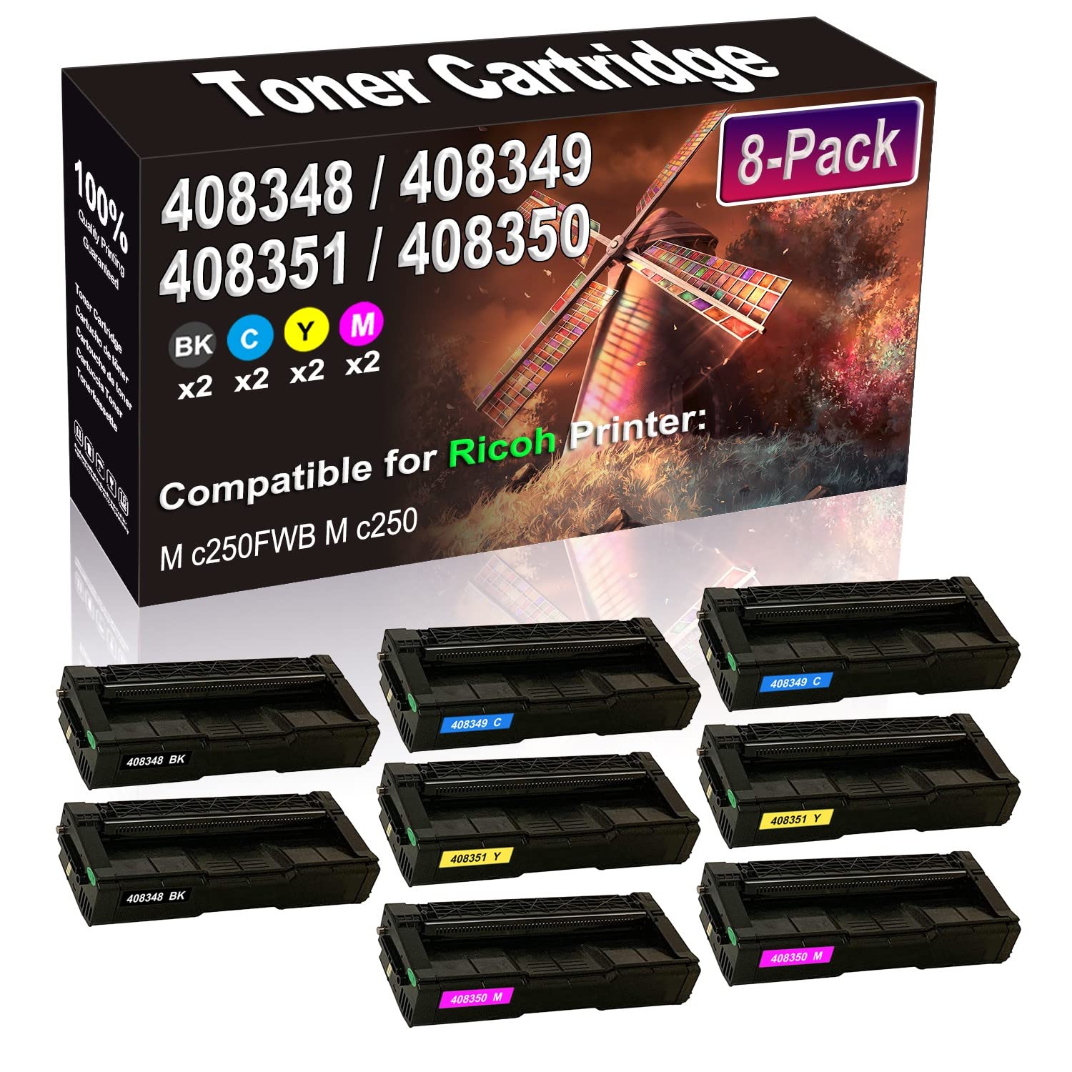 Kolasels 8-Pack (2BK+2C+2Y+2M) Compatible M c250FWB M c250 Toner Cartridge (High Capacity) Replacement for Ricoh M C250 408348 408349 408351 408350 Printer Cartridge
