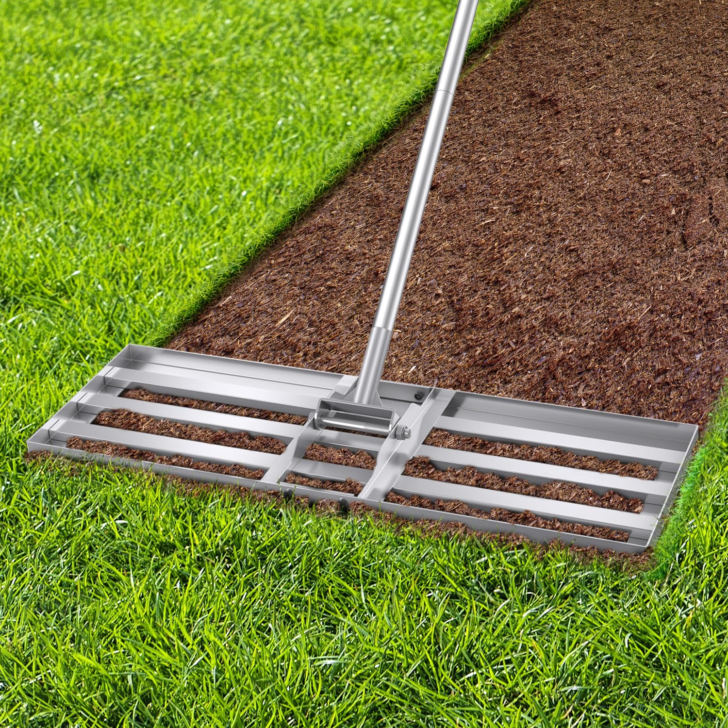 Sunvigor Lawn Leveling Rake, 30" x 10" Ground Plate with 6FT Adjustable Extra Long Handle Stainless Steel for Yard Garden - Heavy Duty Effort-Saving Leveling Soil Sand Spreading Dirt Top Dressing