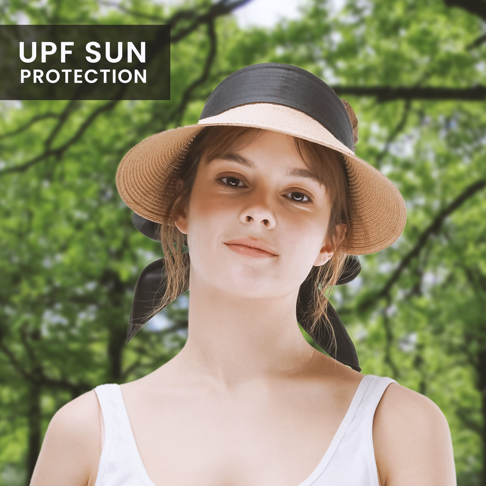 Naforet Womens Sun Hat Sun Visor Tie Back Straw Wide Brim Roll-up Sun Hat Adjustable Packable, Designed in Korea
