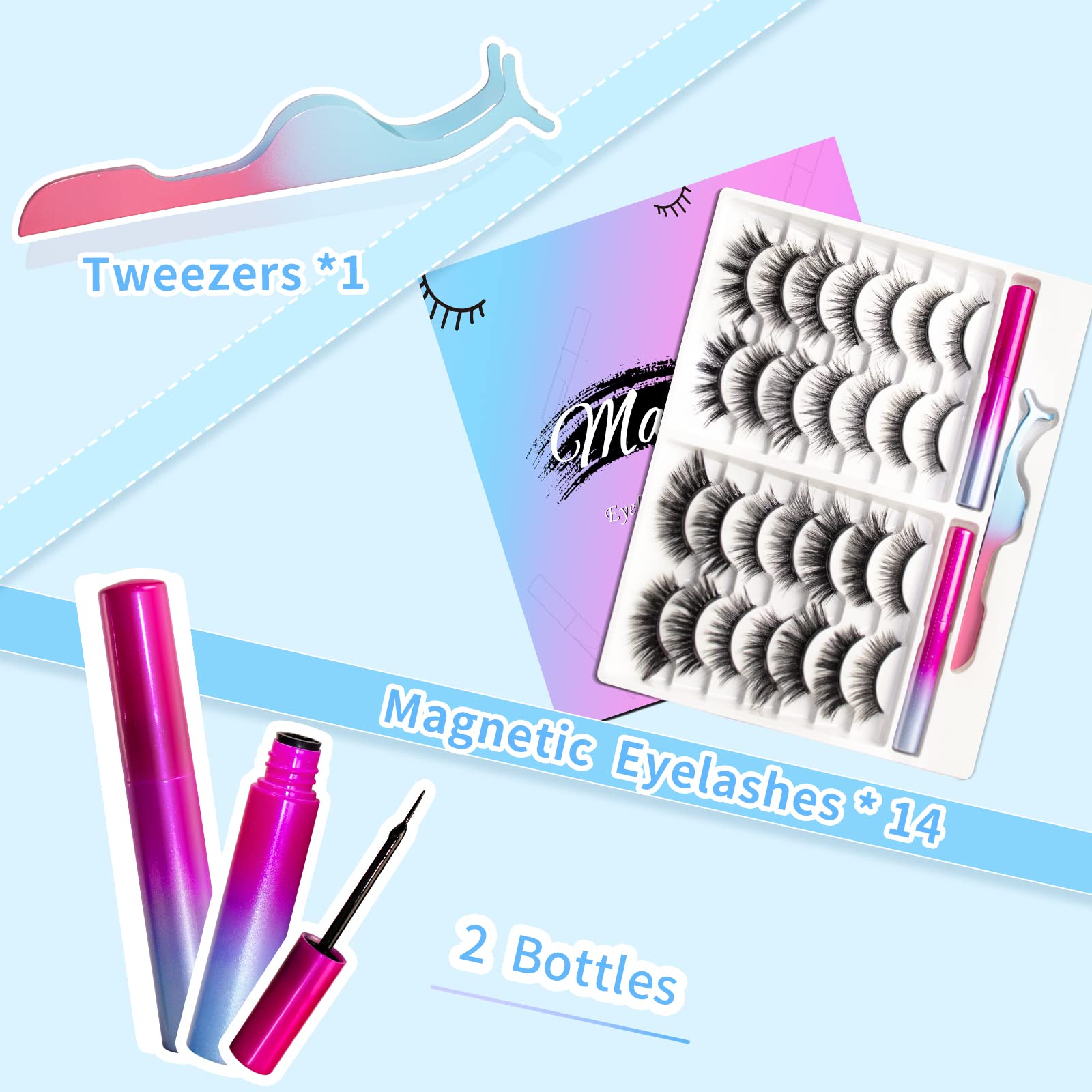 Magnetic Eyelashes Kit, Long Lasting and Reusable Magnetic lashes Natural Look, 14 Pairs False Eyelashes with Magnetic Eyeliner & Tweezers, Easy to Wear, No Glue Needed