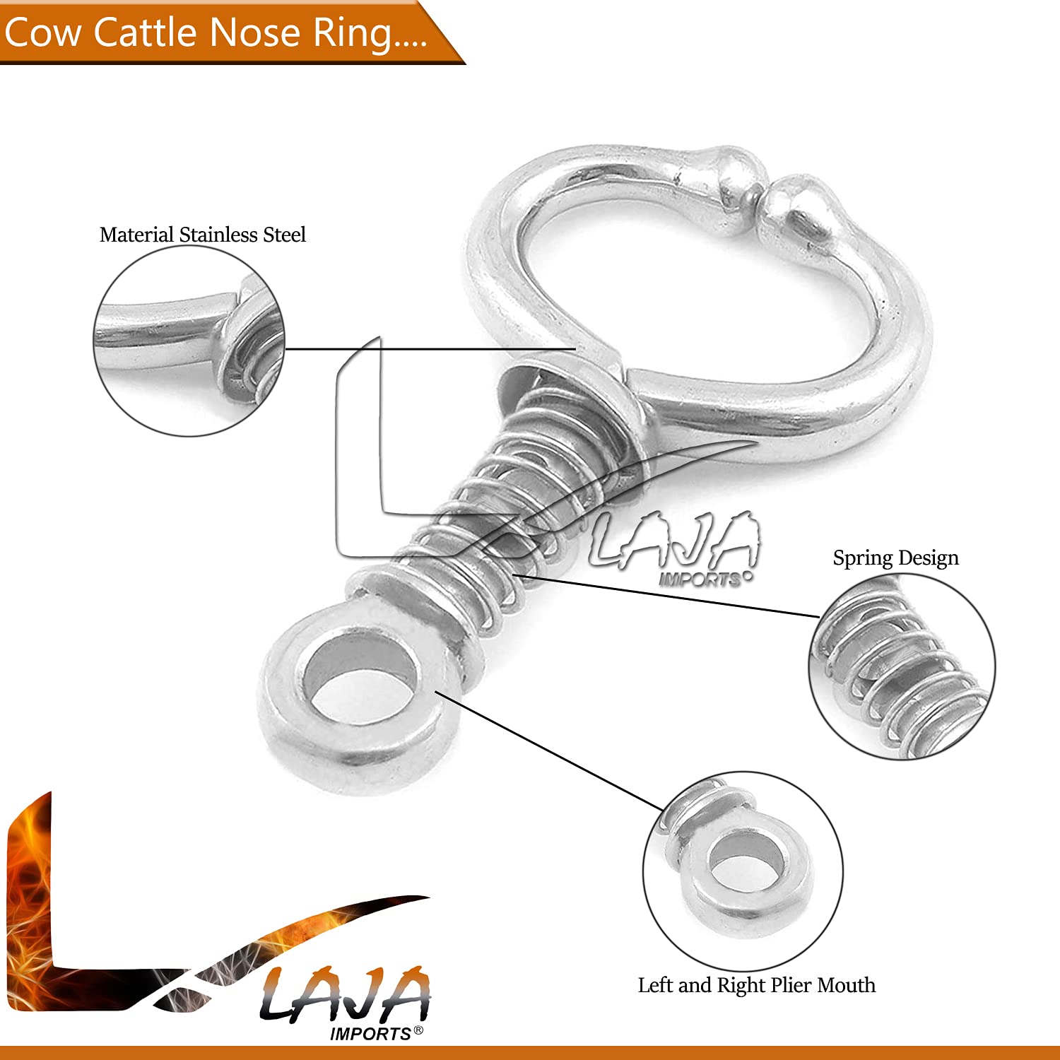 LAJA IMPORTS Stainless Steel Bull Cow Cattle Nose Ring Husbandry Accessory(Spring-Type)