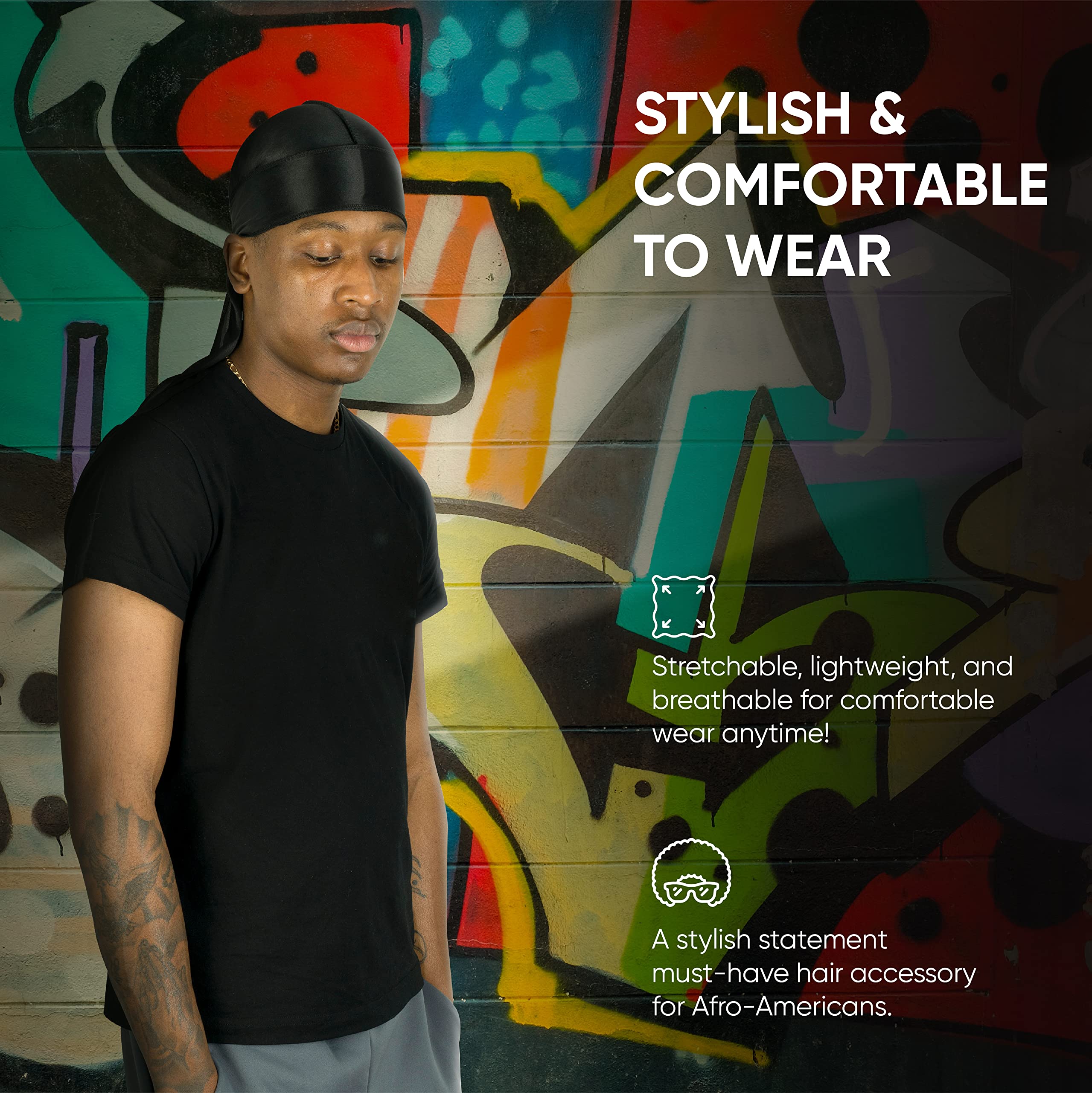 Roman-T Premium Silky Satin Durag - Designer Anime Durags for Men and Women - Long, Wide Tails (Clouds)