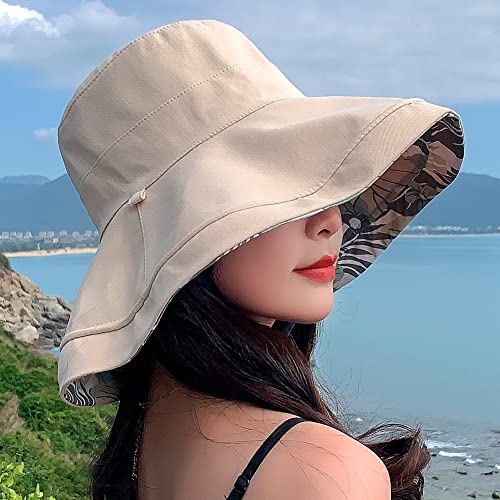 Reversible Floral Sun Hats UV Protection UPF Packable Wide Brim Chin Strap Women (Beige)