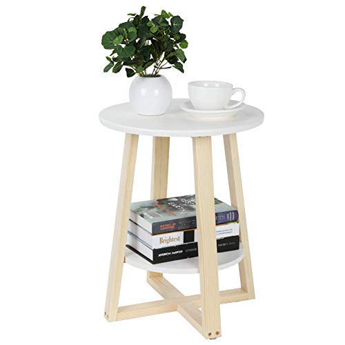 Liusin 2 Tier Round Side Table, Contemporary Multi-Purpose Small Space Round Sofa Coffee Nightstand Table with Storage Shelf and Solid Wood Legs for Home Office Bedroom Living Room(White)