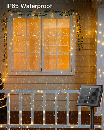 Solar String Lights Outdoor, 2 Packs Each 33Ft 100LED Solar Fairy Lights with 8 Modes, Waterproof Firefly Twinkle Lights for Christmas Patio Yard Trees Wedding Party (Warm White)