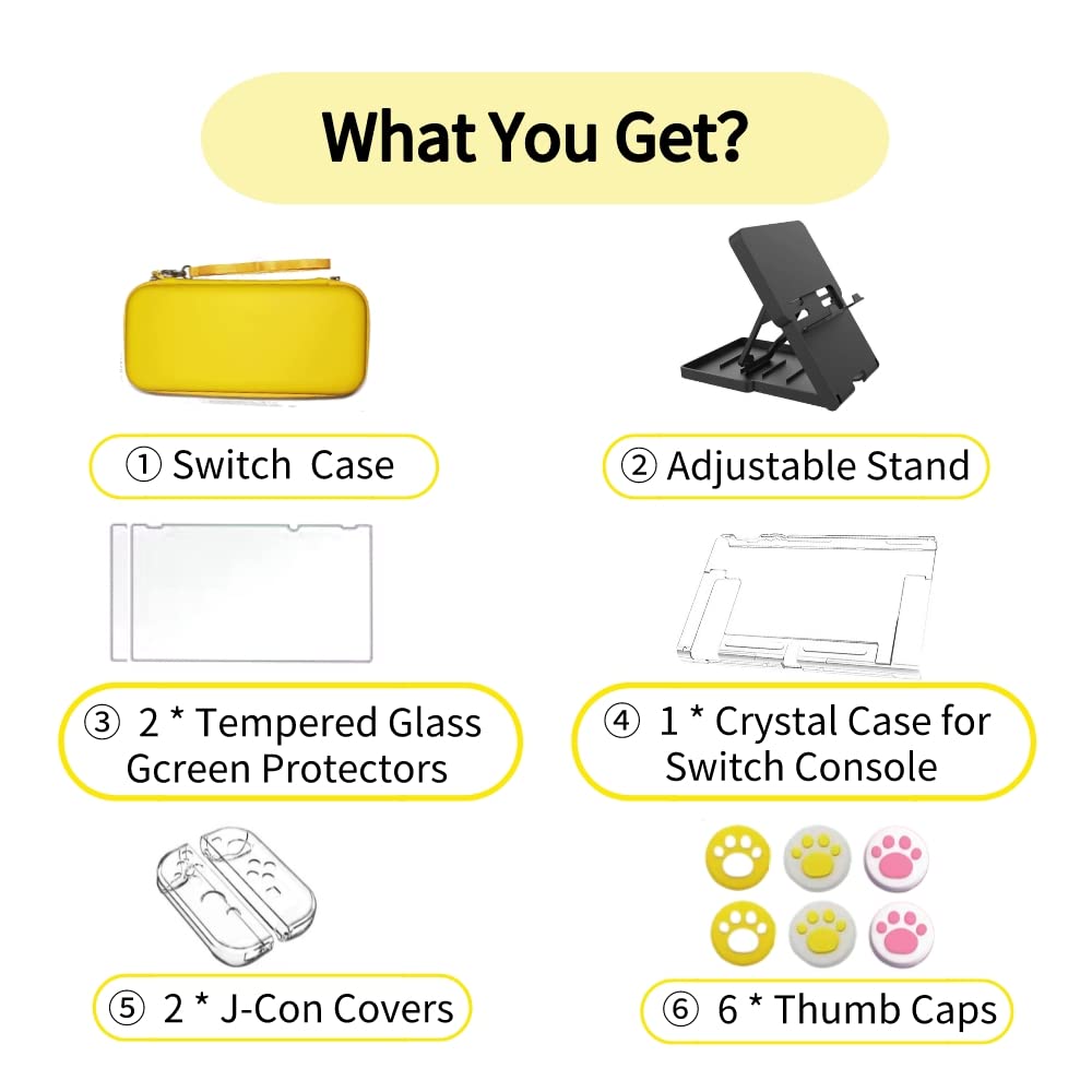 Switch Accessories Bundle, Peniobnm 13 in 1 Switch Accessories Kit Includes Switch Case, Adjustable Stand, 2 Tempered Glass Screen Protectors, Crystal Case for Console, 6 Thumb Grip Caps, Yellow