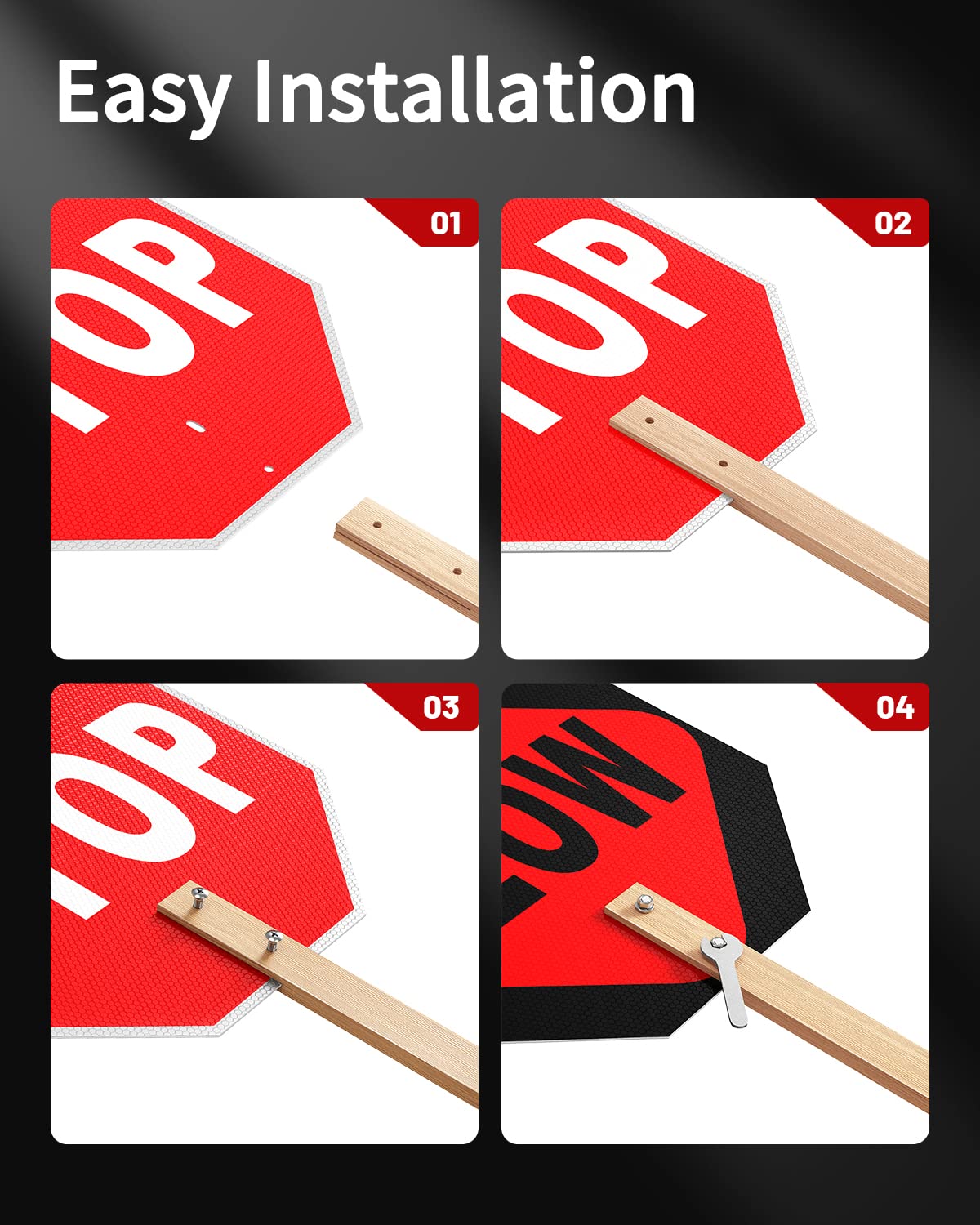 Stop Slow Sign, Double Sided Street Slow Warning Reflective Signs, 13x13in Octagon Rust Free Aluminum, with Bamboo Handle, UV Protected and Waterproof, Weather Resistant, Durable Ink, Easy to Mount