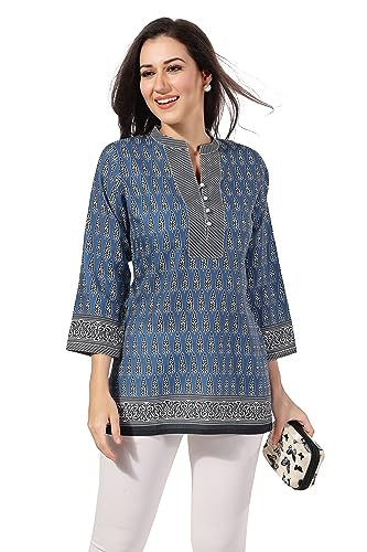 Keshubaba Indian Kurtis for Women - Cotton Indian Style Short Kurta Kameez - Printed Tunics Tops for Jeans & Leggings (Blue/X-Large)
