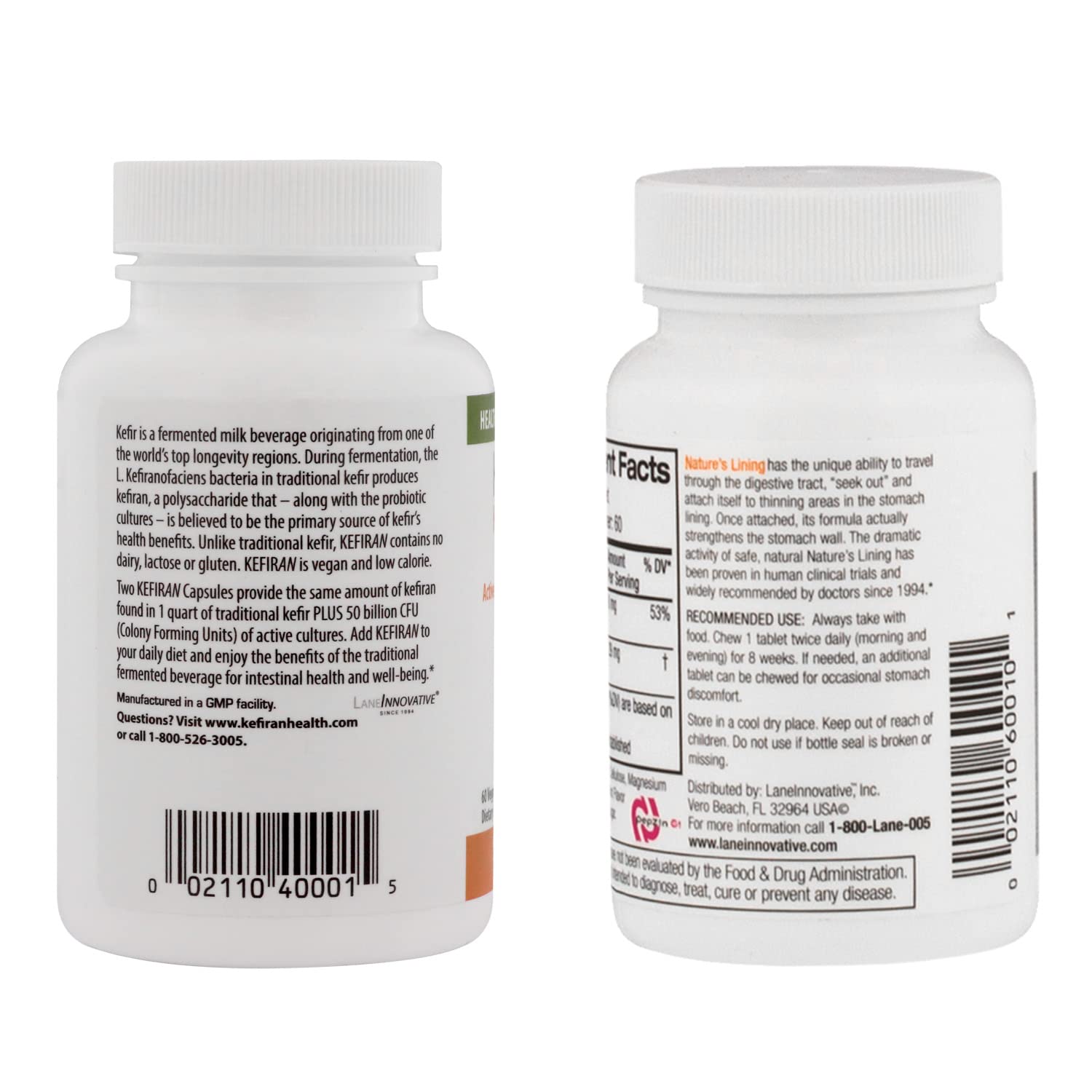 Lane Innovative - Variety Pack: Kefiran + Nature's Lining - Supports Digestive Health, Supports Digestive Balance, Protects Stomach Wall (Kefiran 60 Veggie Caps & Nature's Lining 60 Chewable Tabs)