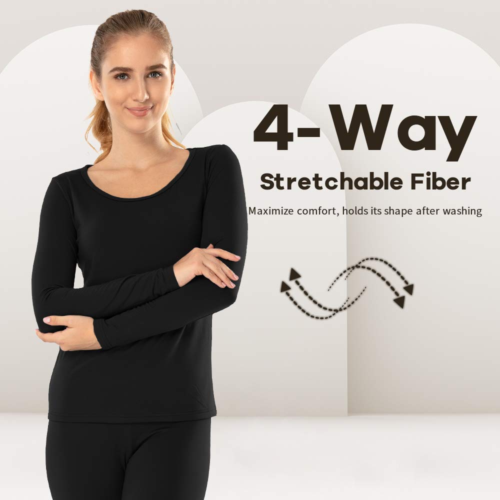MANCYFIT Thermal Underwear for Women Long Johns Set Fleece Lined Ultra Soft Scoop Neck Black Large