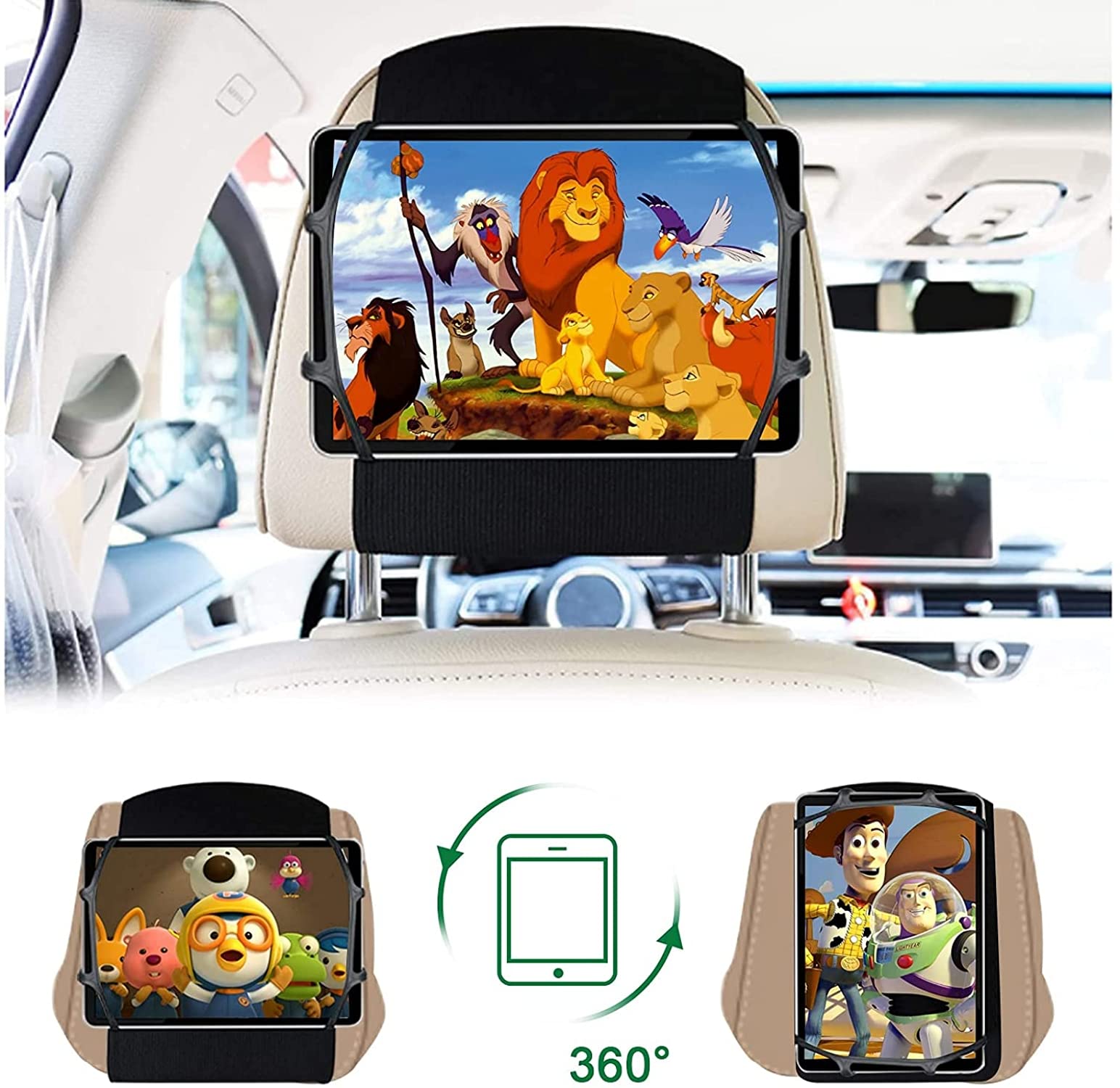 LONANDY Tablet Holder for Car, iPad Holder for Car Backseat Kids, Headrest Tablet Holder with Anti-Slip Strap & Silicone Holding Net, Angle-Adjustable/Fits All 7-12.9" Tablets