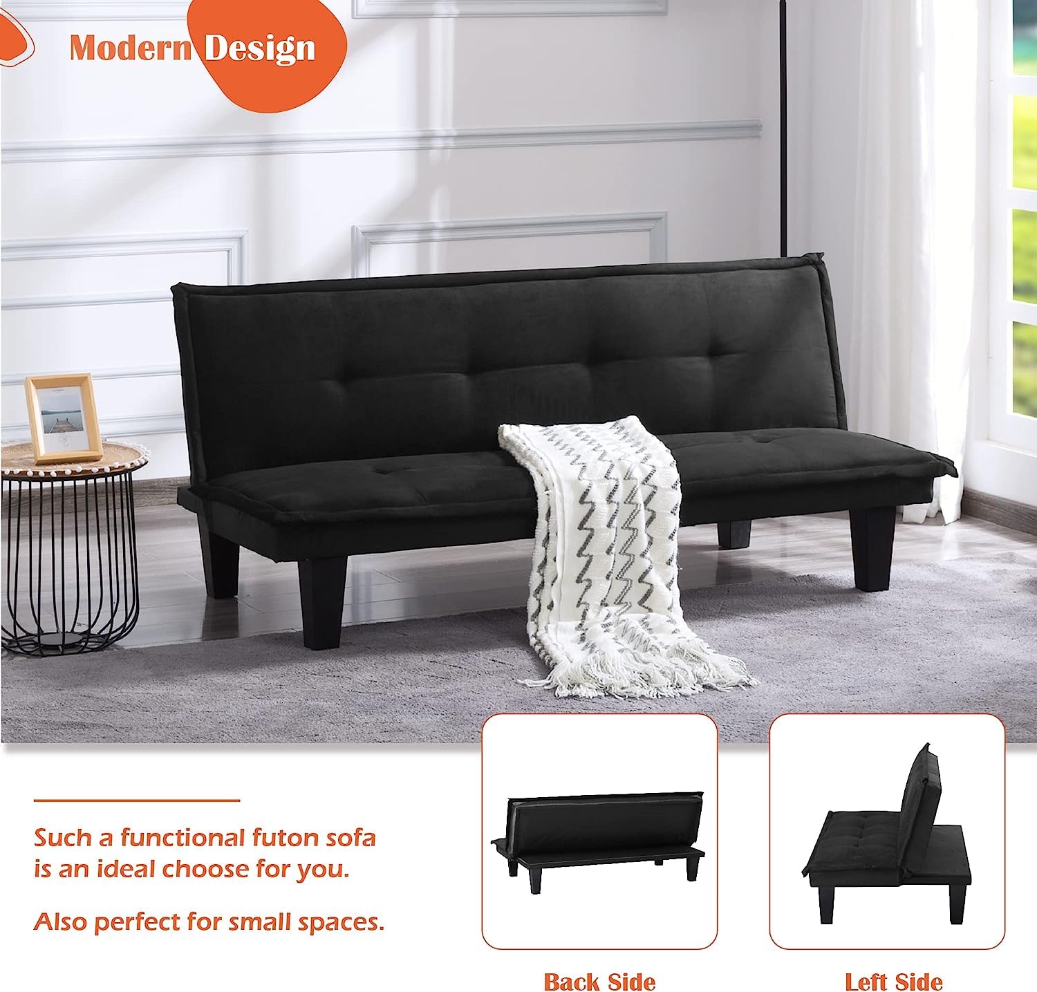 LCH Convertible Folding Sofa Bed, Futon Sofabed with 3 Adjustable Positions for Living Room, Home, 63.8β x29.9βx 28.3β, Black