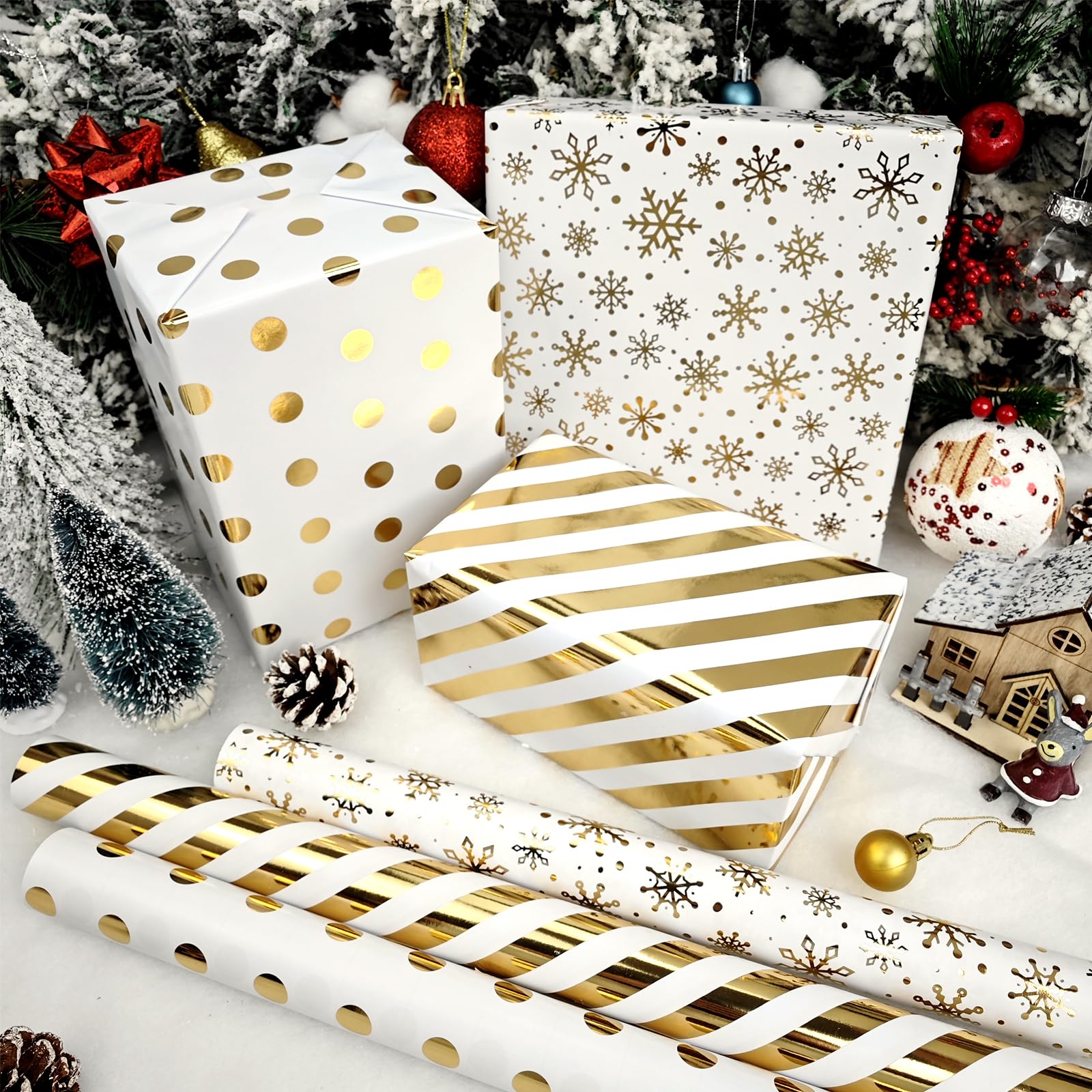 LDGOOAEL Mini Short Small Christmas Wrapping Paper Roll (17" X 120") - Gold Foil Snowflakes Stripe Polka Dot Design for Holiday, Birthday