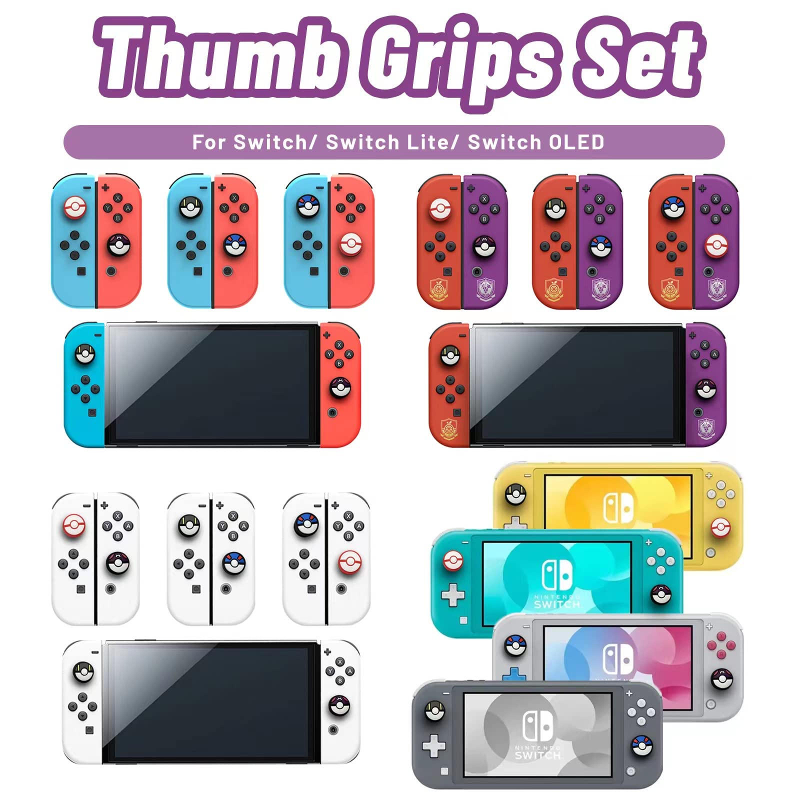 Silicone Joycon Thumb Grip Caps, Joystick Cover Compatible with Nintendo Switch/OLED/Switch Lite,4PCS(White+Gray+Purple+Blue)