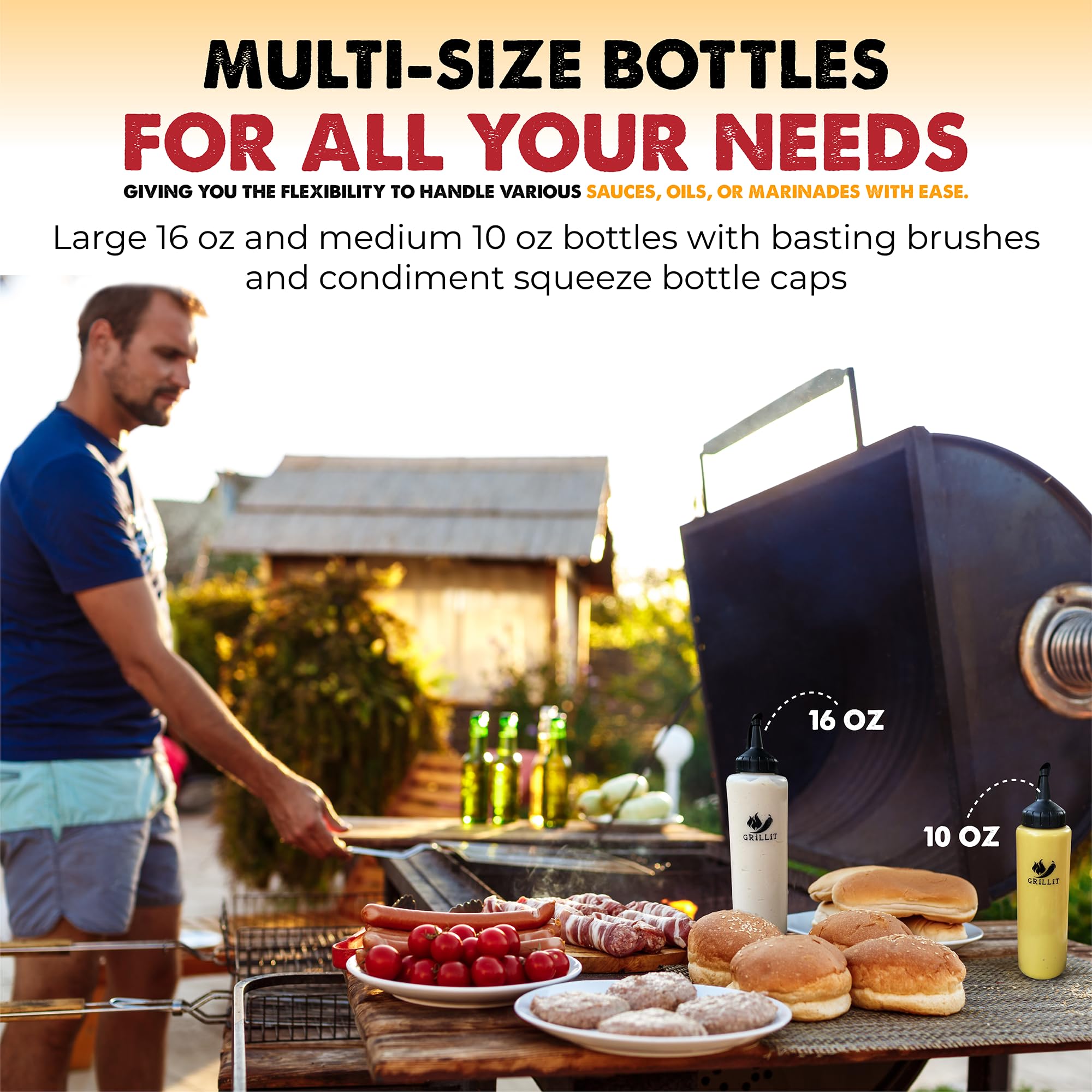 Sauce Basting Bottle Set for Grilling with 3 Silicone BBQ Basting Brush Caps & 2 Squeeze Caps - Squeeze Bottles for Sauces with Applicators, Storage Caps & Funnel - Condiment Sauce Dispenser