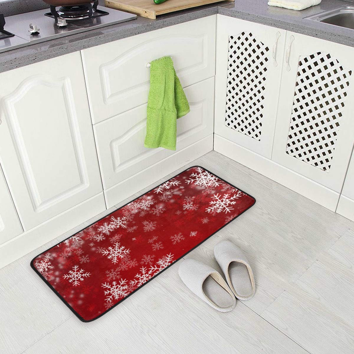 One Bear Christmas Kitchen Rugs and Mats Non Skid Washable Winter Snowflake Red Cushioned Mats AntiFatigue Floor Doormat Farmhouse 39 x 20 inch