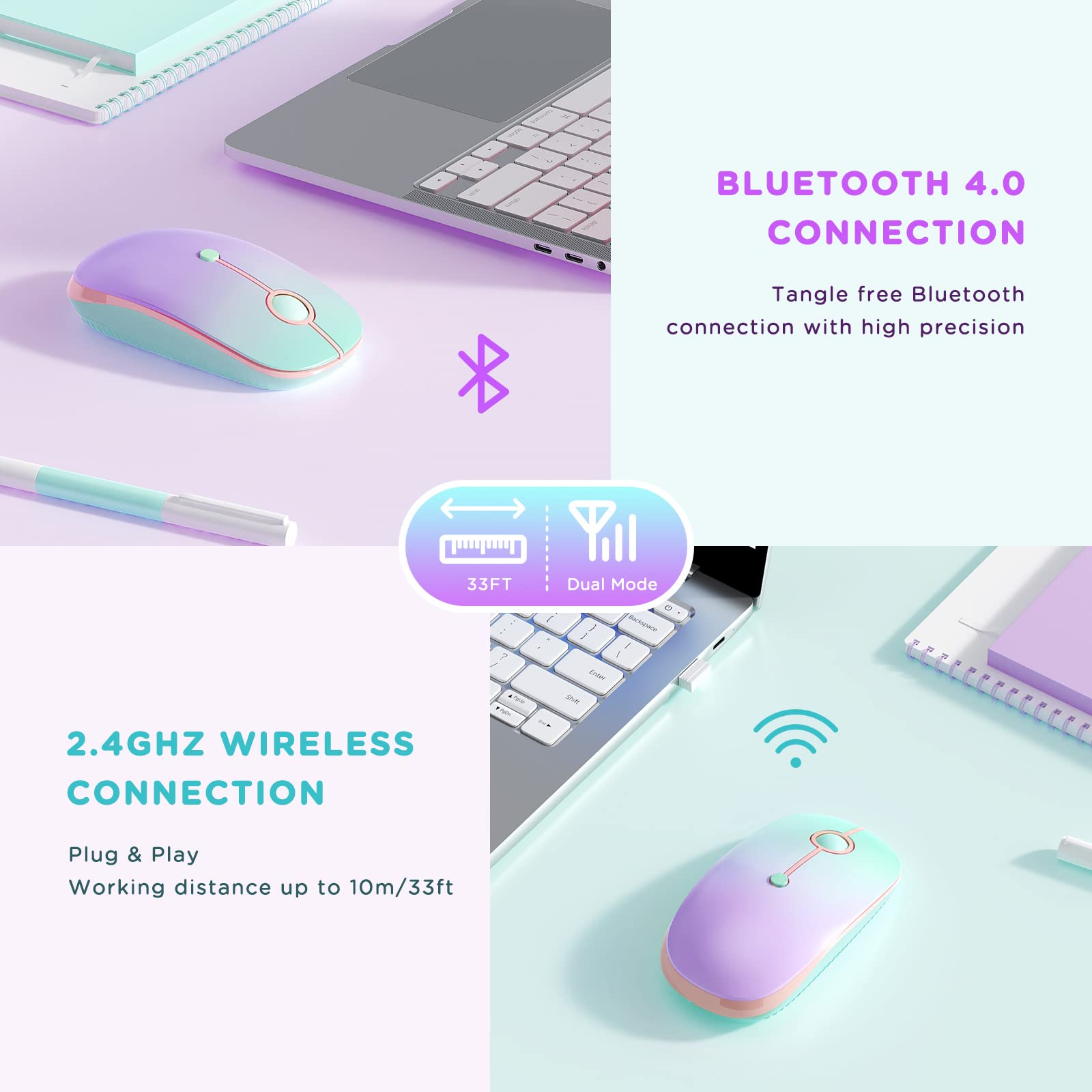 seenda Bluetooth Mouse - Dual Mode (Bluetooth 4.0 + 2.4GHz) Mouse with USB Receiver, Wireless Slim Portable Multi-Device Mice for iPad, MacBook, Laptop, PC (Gradient Mint Green to Purple)