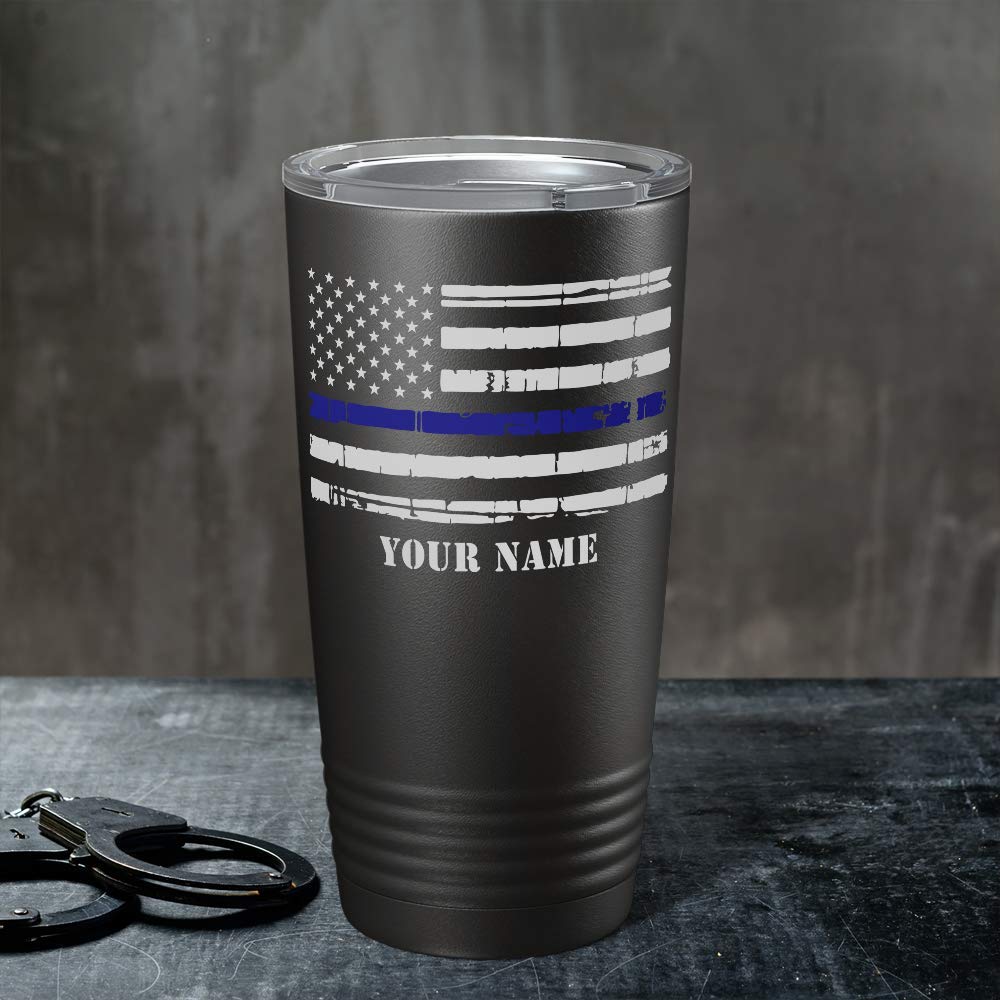 Personalized Distressed Thin Blue Line Flag Police Officer on Black 20 oz Tumbler with Lid - Law Enforcement Gift - Insulated Cup - Travel Mug