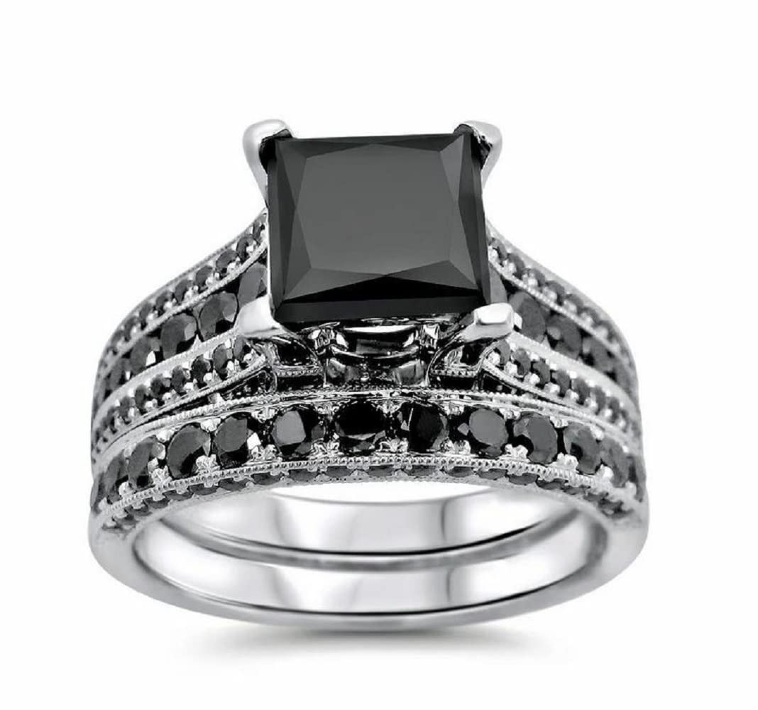 Samarth Princess & Round Cut Black Diamond 925 Sterling Silver 14K White Gold Over Diamond Wedding Engagement Bridal Ring Set for Women's