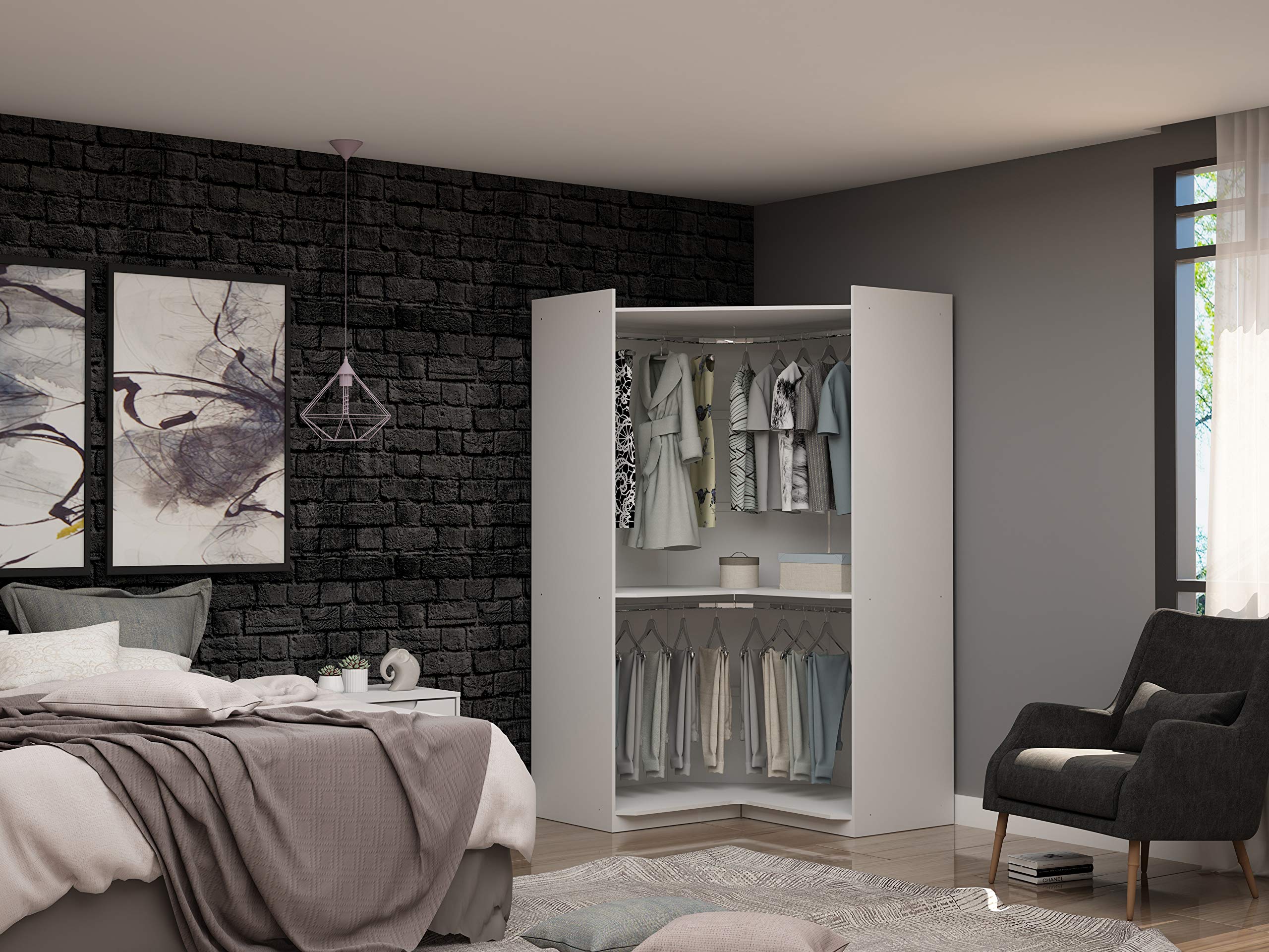 Manhattan Comfort Rockefeller Ultra Modern Open Corner Bedroom Closet with 2 Hanging Rods, 65.91", White