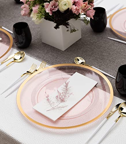 PLASTICPRO Plastic Pro 8 Pack Charger Plates 13 Inch Clear Pink with Gold Rim Plastic Dinner Chargers Heavy Duty Large Serving Platter Reusable Disposable