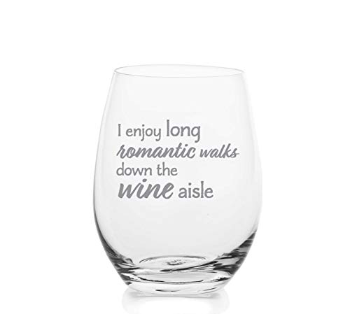 Lushy Wino – I Enjoy Long Romantic Walks Down The Wine Aisle – Cute, Novelty, Etched Stemless 18-Ounce Wine Glass with Funny Sayings in Gift Box