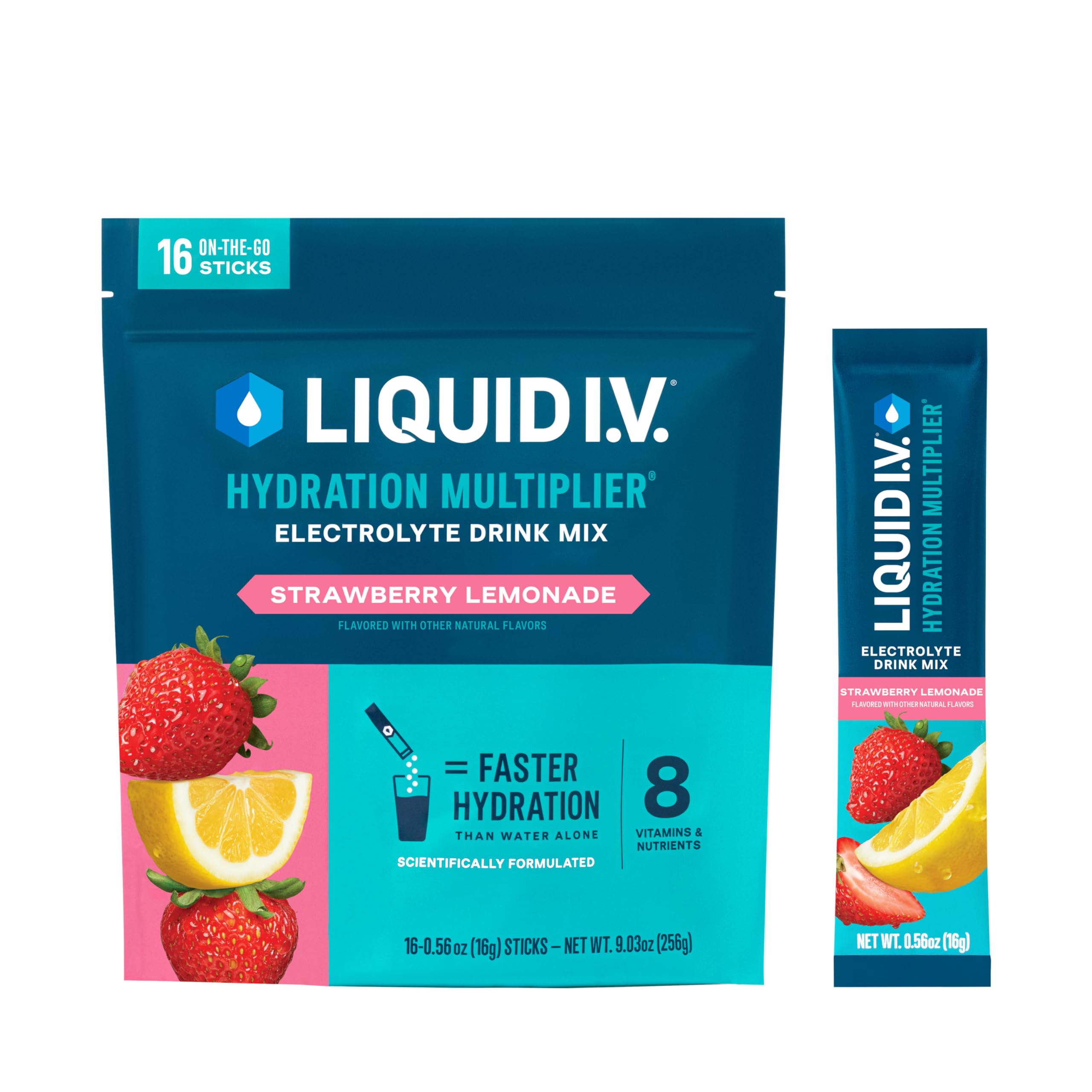 Liquid I.V.ÂŽ Hydration MultiplierÂŽ - Strawberry Lemonade - Hydration Powder Packets | Electrolyte Powder Drink Mix | Convenient Single-Serving Sticks | Non-GMO | 1 Pack (16 Servings)