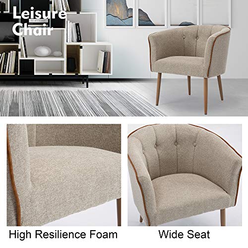 LSSBOUGHT Stylish Upholstered Button Tufted Fabric Living Room Accent Chair with Solid Wood Legs and Armrest (Beige)