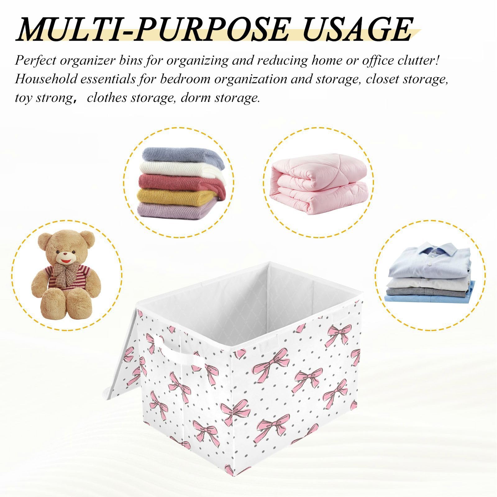 YETTASBIN Bow Pink Storage Basket with Lid and Handles, Large Collapsible Fabric Storage Bins Sturdy Storage Organizer for Shelves, Closet, Bedroom, School, Office, Home Decor