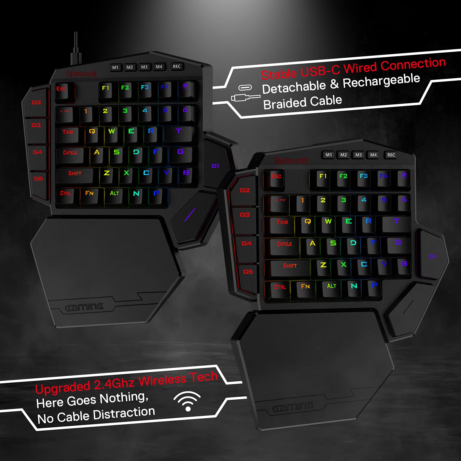 Redragon K585 DITI Wireless One-Handed Mechanical Keyboard, 42 Keys 2.4Ghz RGB 40% Gaming Keypad with 7 Onboard Macro Keys, Detachable Wrist Support, Durable Battery, Clicky Blue Switch