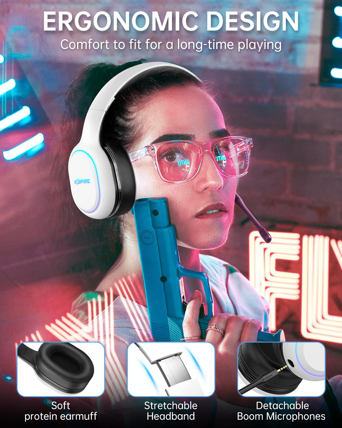 KOFIRE Wireless Gaming Headset for PlayStation 5, 3D Stereo Sound, Bass Feedback, 2.4GHz/Bluetooth, Detachable Mic, Ultra-Low Latency,White Headphones for PS5, PS4, PC