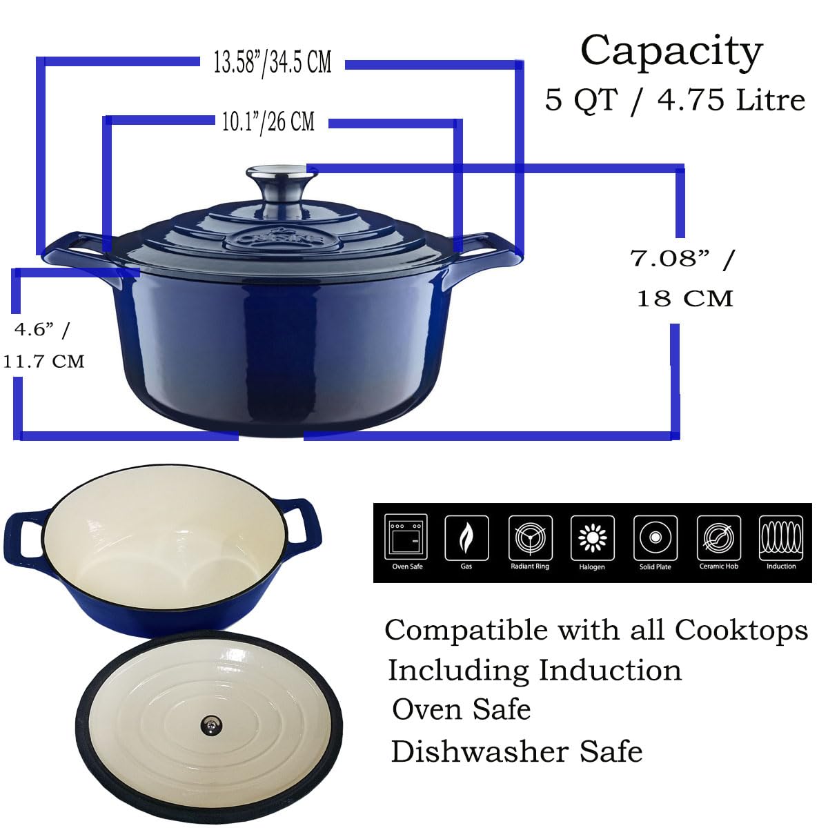La Cuisine Enameled Cast Iron Dutch Oven Casserole Dish Pot with Lid, 5 QT 10.3โ Dia. Cream White Enamel Interior 2-tone Sapphire Enamel Coating Exterior Oven-Safe