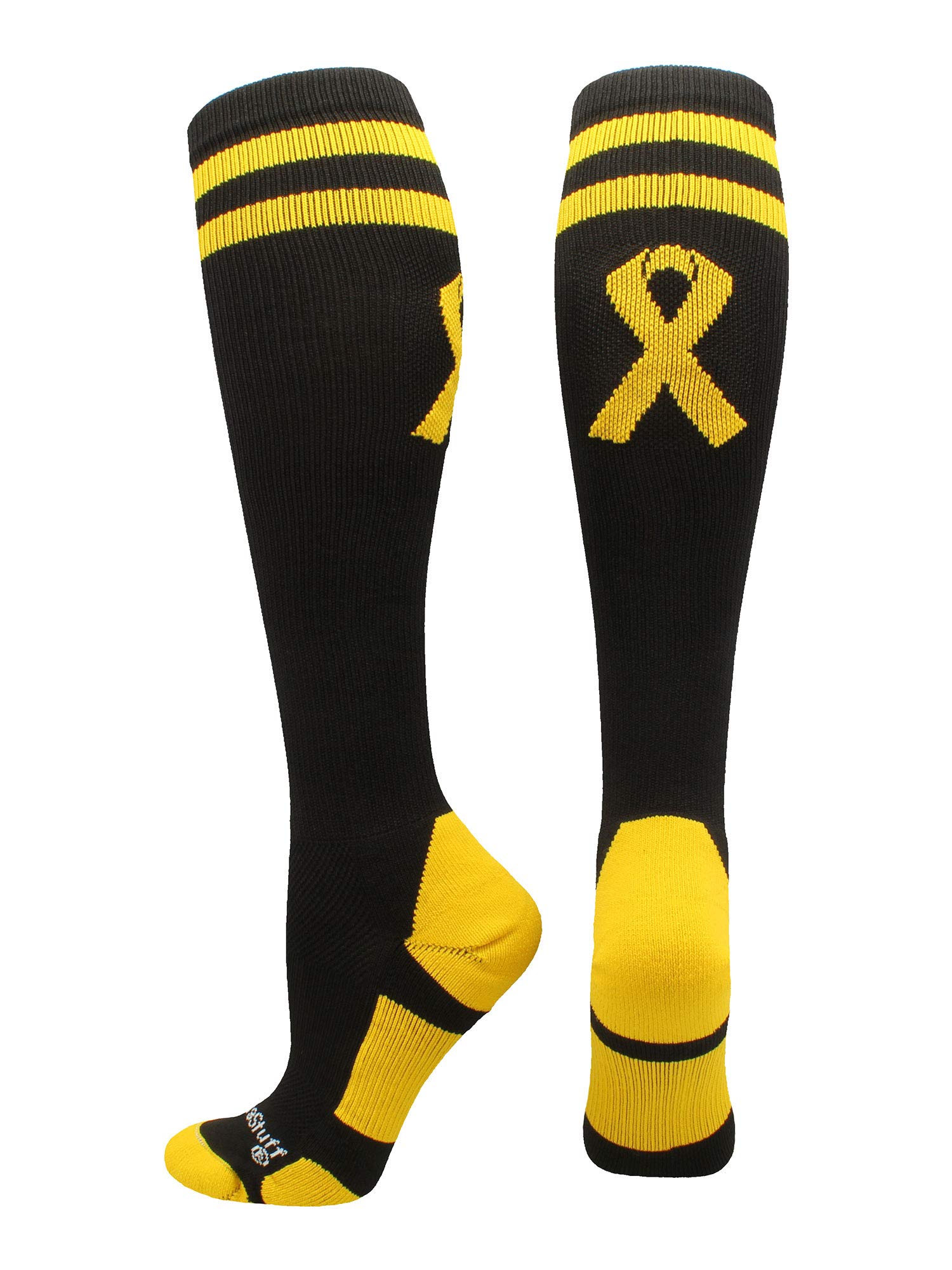MadSportsStuff Gold Ribbon Childhood Cancer Awareness OTC Socks (Black/Gold, Medium)
