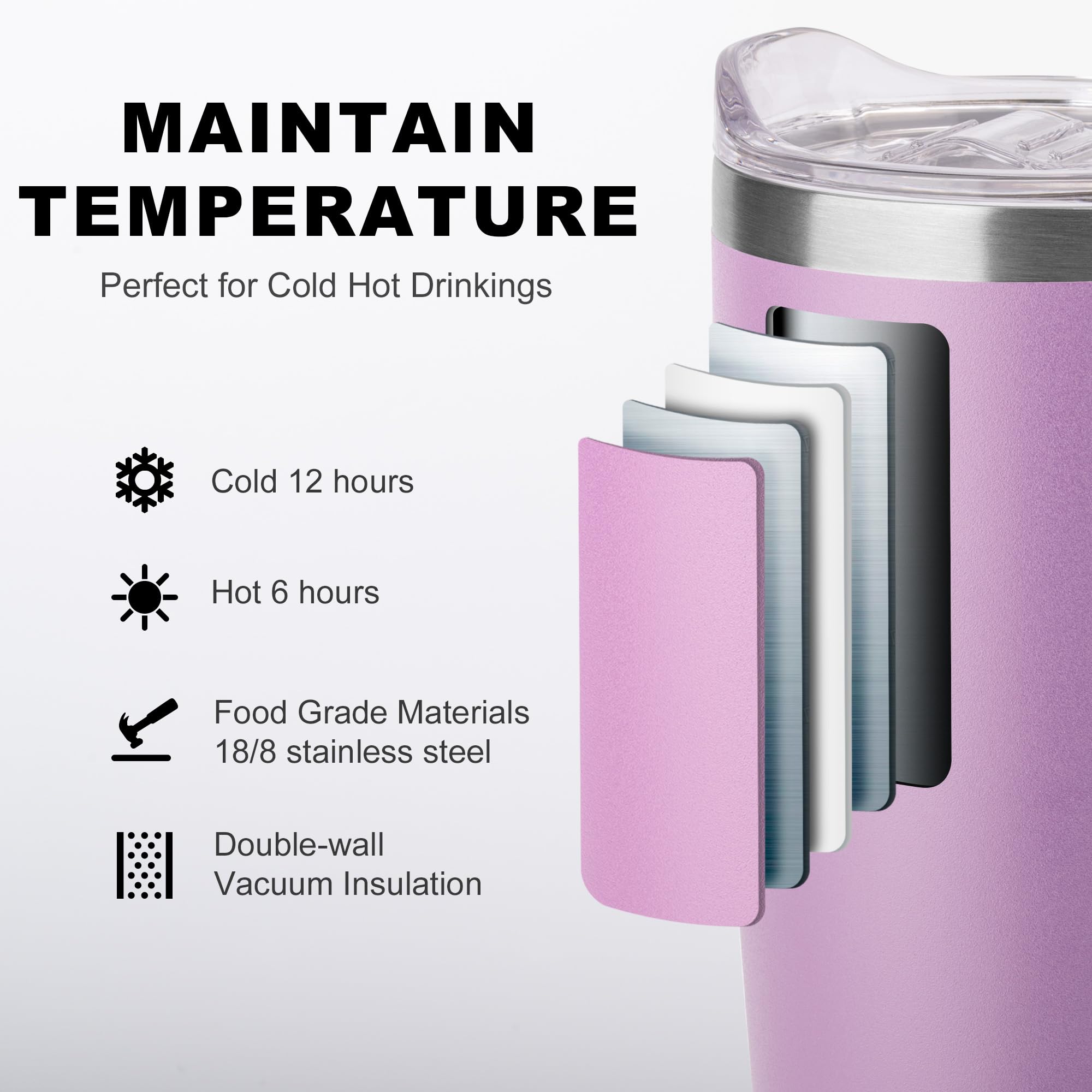 koodee 20 oz Insulated Coffee Mug with Lid and Handle, Stainless Steel Double Wall Vacuum Camping Mug Travel Coffee Tumbler (Purple Pink)