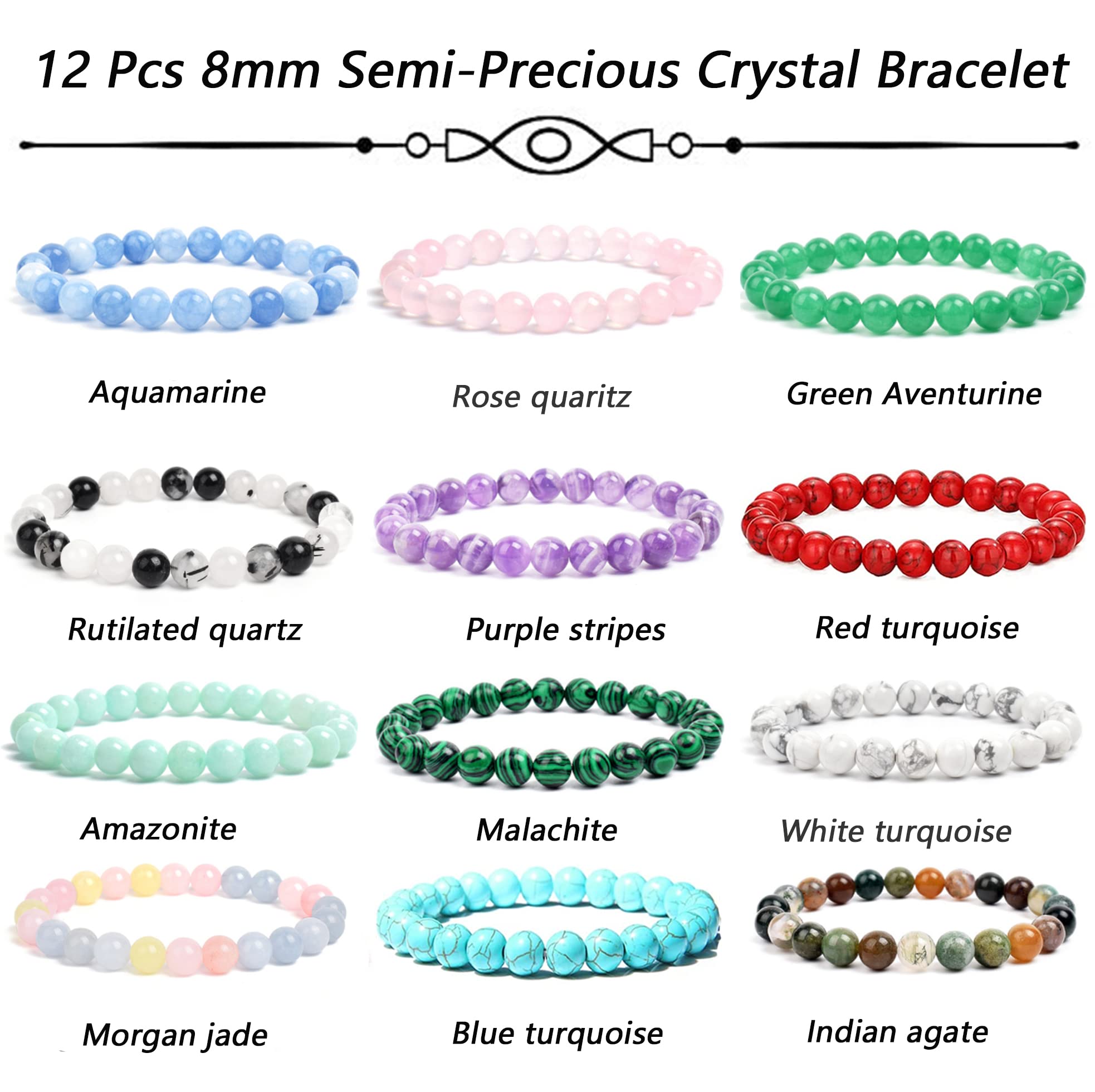 SAMOCO 12Pcs 4mm 6mm 8mm Gem Semi Precious Reiki Healing Crystals Handmade Round Beads Stretch Bracelet(8mm)