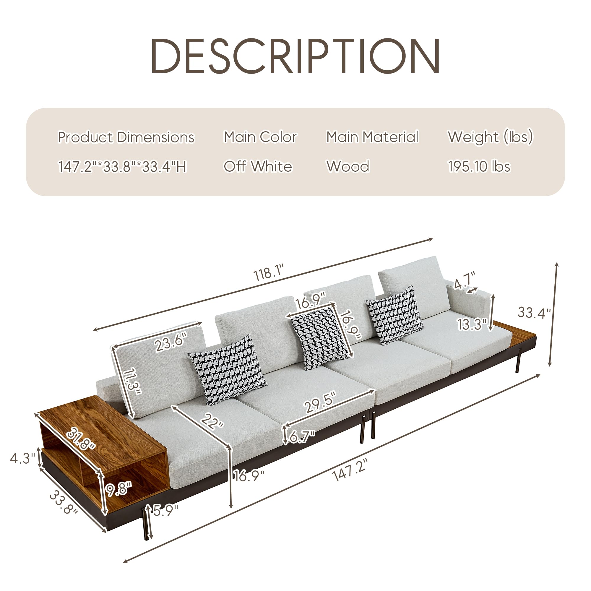 Yogald 4 Seat Modular Sectional Sofa, Minimalist Cloud Couch with Metal Feet, Adjustable Armrest, and 3 Pillows, for Living Room, Office, or Sunroom(Off White)