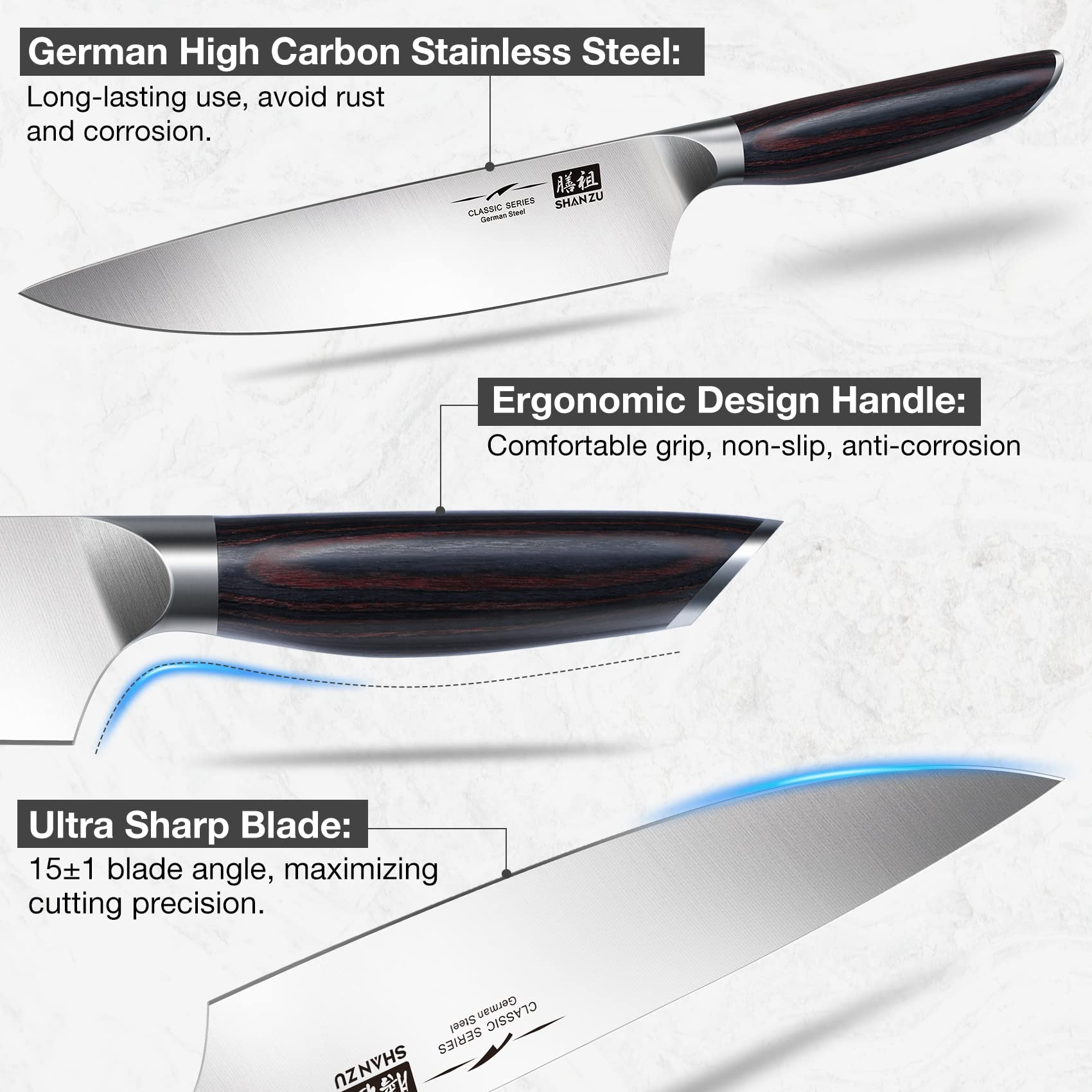 SHAN ZU Knife Set for Kitchen with 2 in 1 Knife Block, 16 Pieces German Steel Professional Chef Knife & Steak Knife Set, Ultra Sharp Kitchen Knives Set with Sharpener