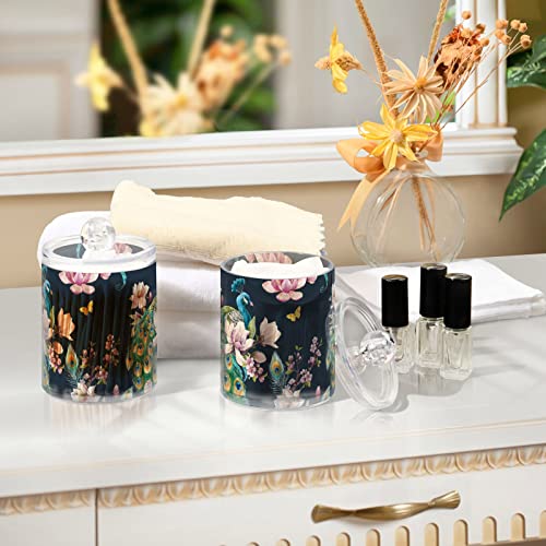 xigua 2 Pack Elegant Floral Peacock Apothecary Jars with Lid, Qtip Holder Storage Containers for Cotton Ball, Swabs, Pads, Clear Plastic Canisters for Bathroom Vanity Organization (10 Oz)