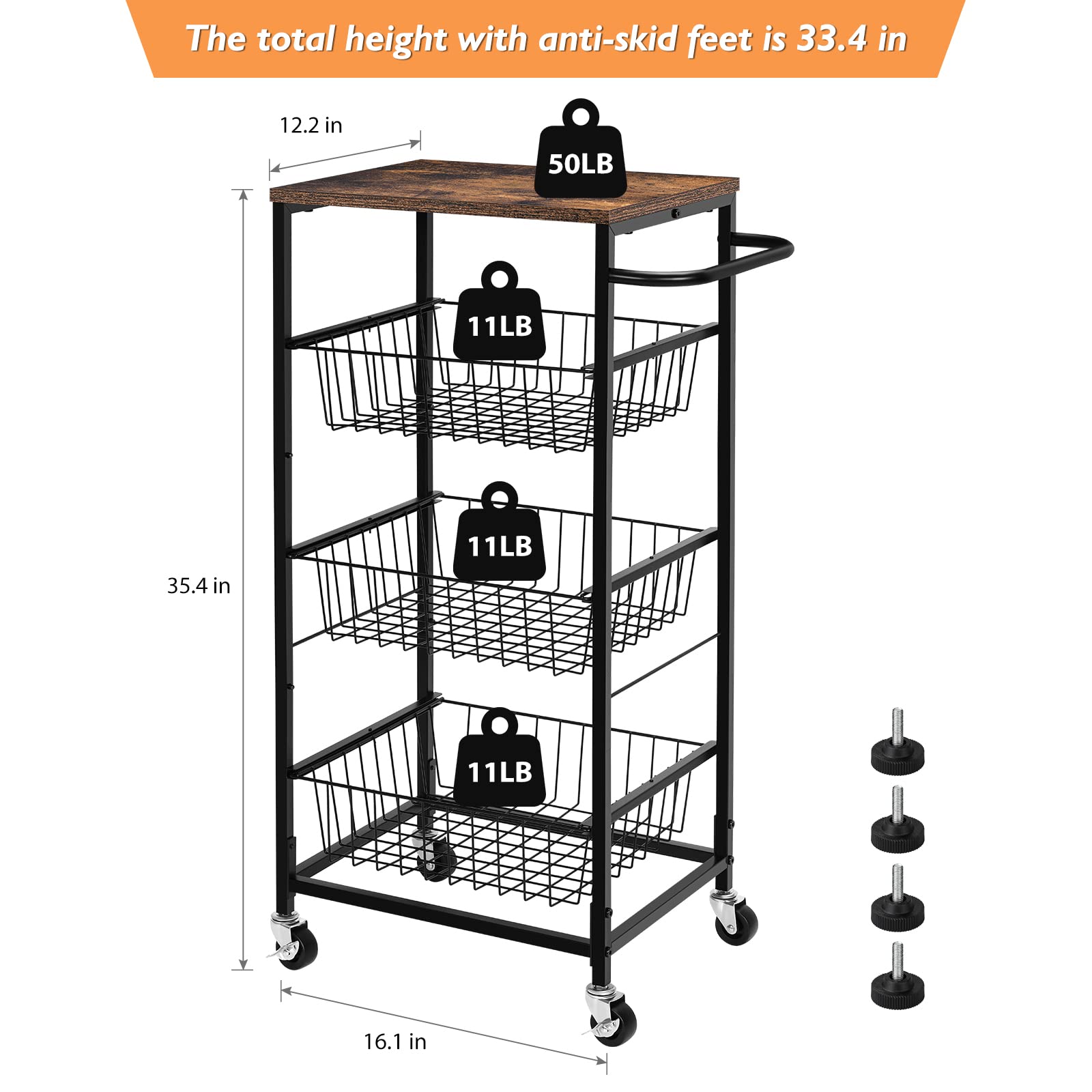 Kitchen Carts on Wheels, Rolling Storage Carts 4 Tier, Utility Service Cart Fruit Storage Baskets Rack for Potato Snack Industrial Island Food Trolley with Handle for Kitchen Bathroom Laundry